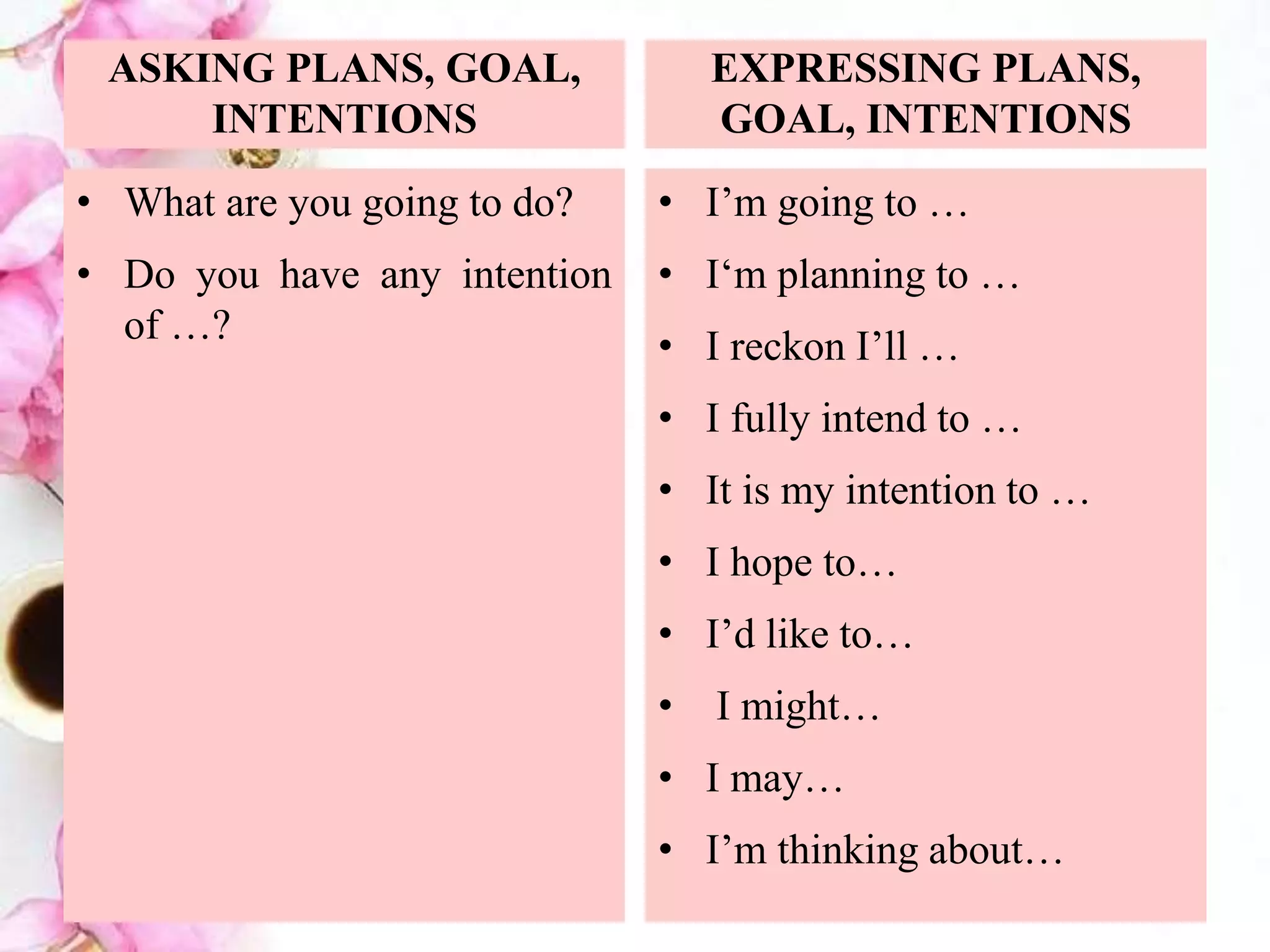 LANGUAGE FUNCTION : EXPRESSING AND ELICITING PLANS, GOALS, AND ...