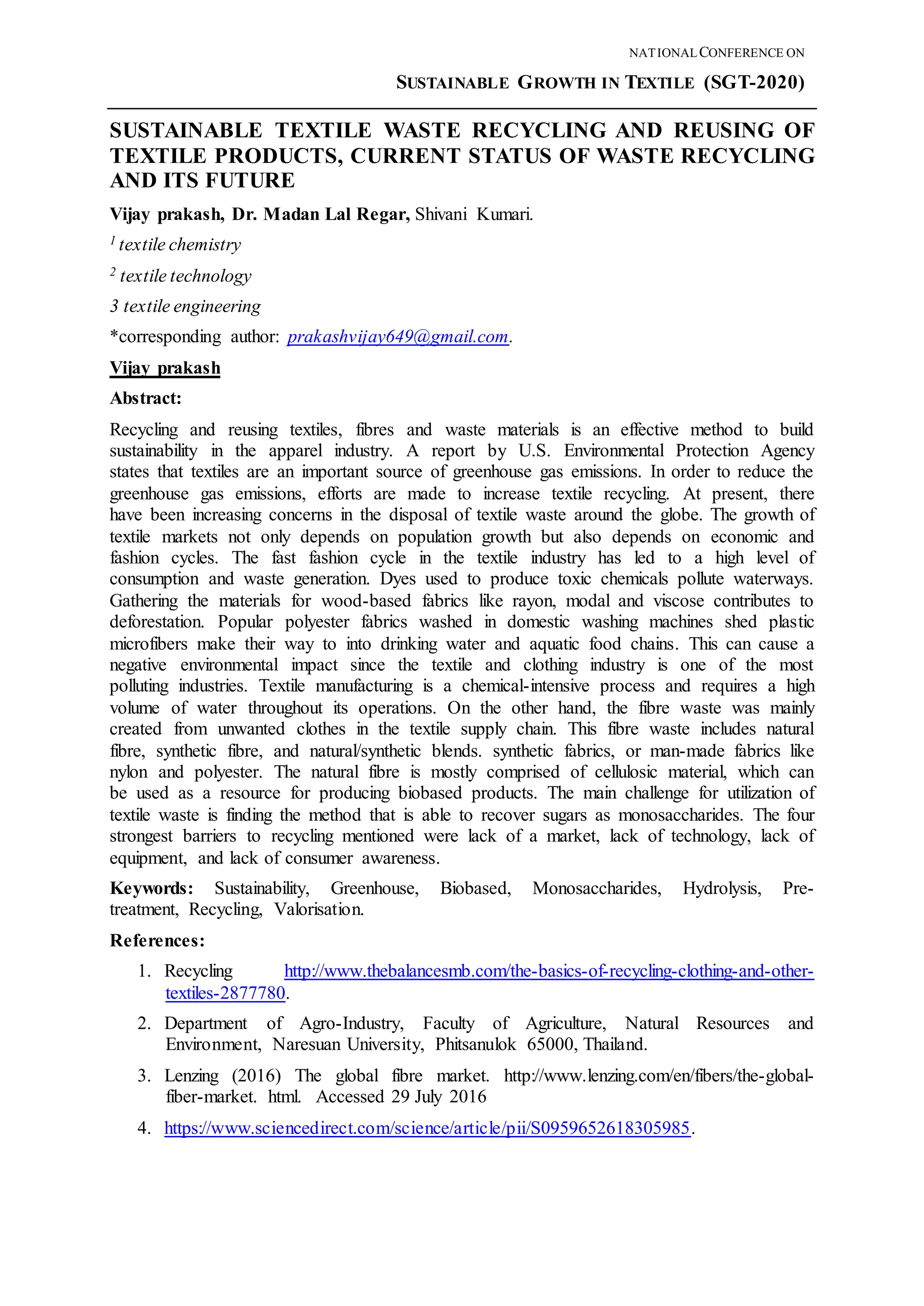 16. SUSTAINABLE TEXTILE WASTE RECYCLING AND REUSING OF TEXTILE PRODUCTS ...