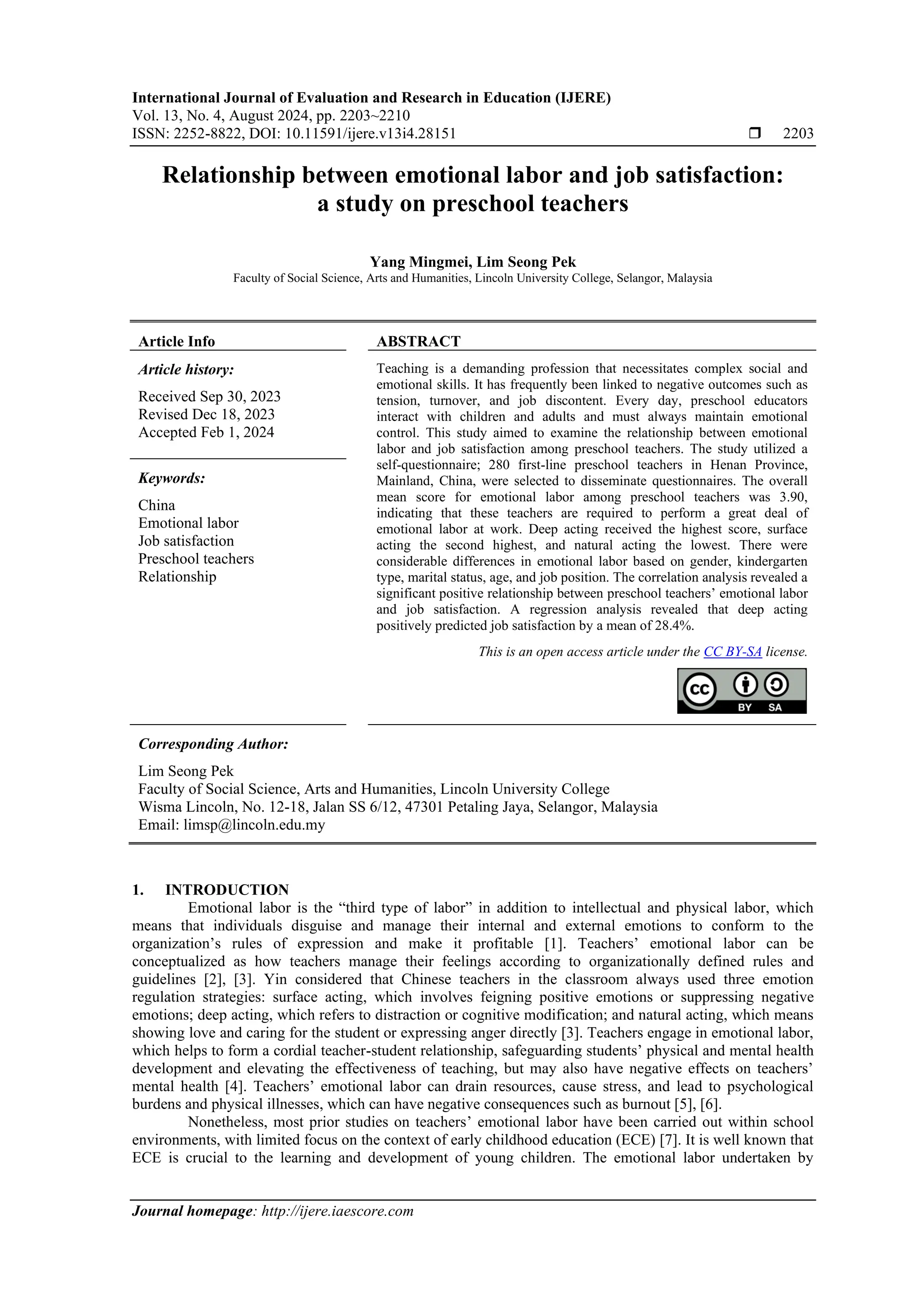 Relationship between emotional labor and job satisfaction: a study on ...