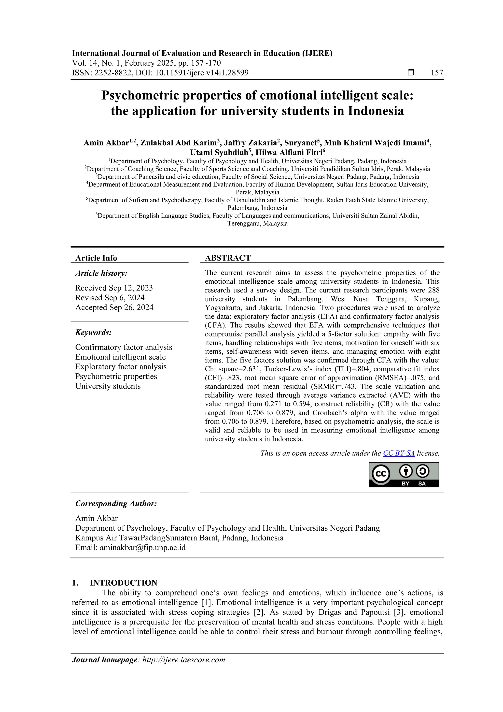 Psychometric properties of emotional intelligent scale: the application for university students ...