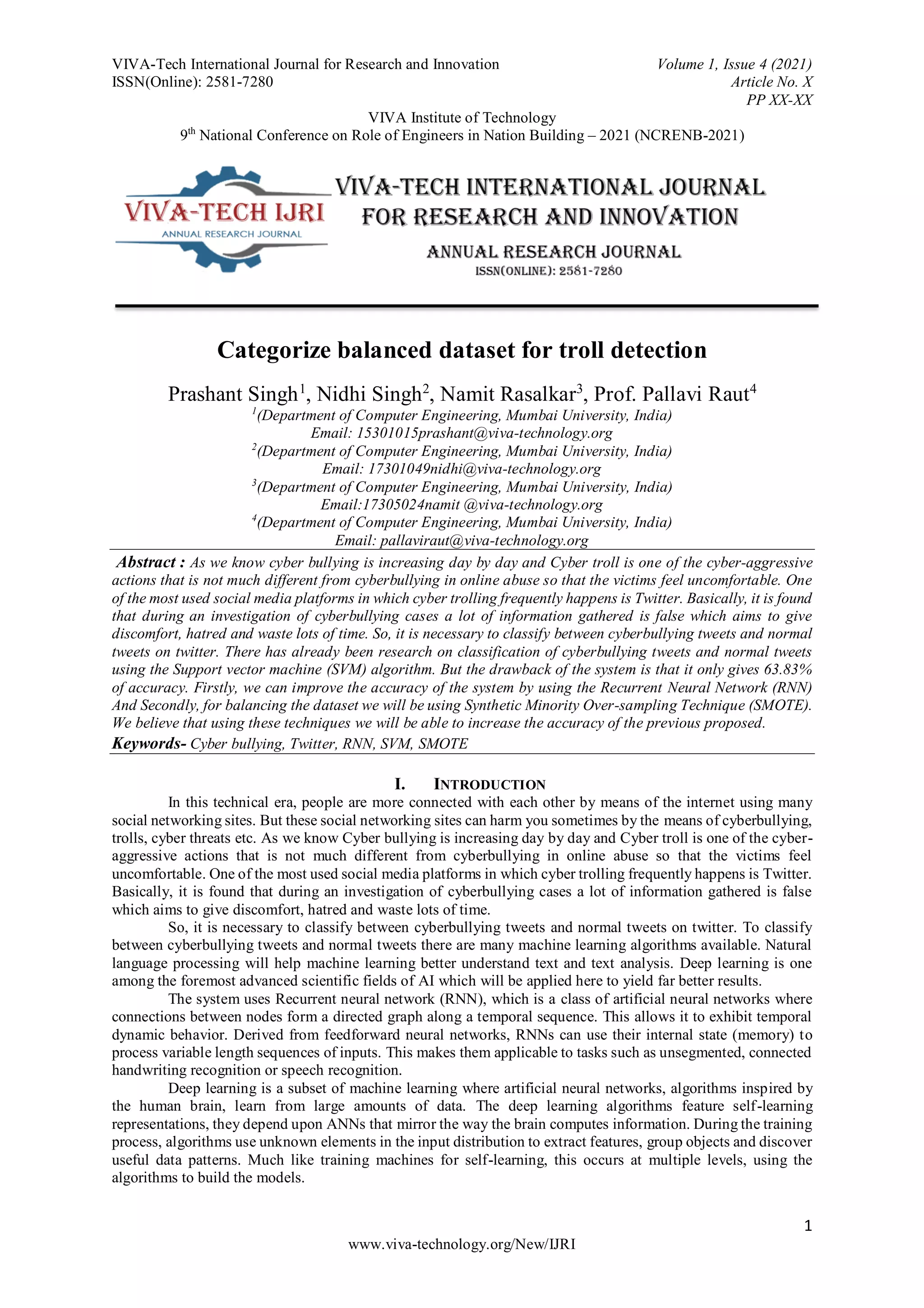 Categorize balanced dataset for troll detection | PDF