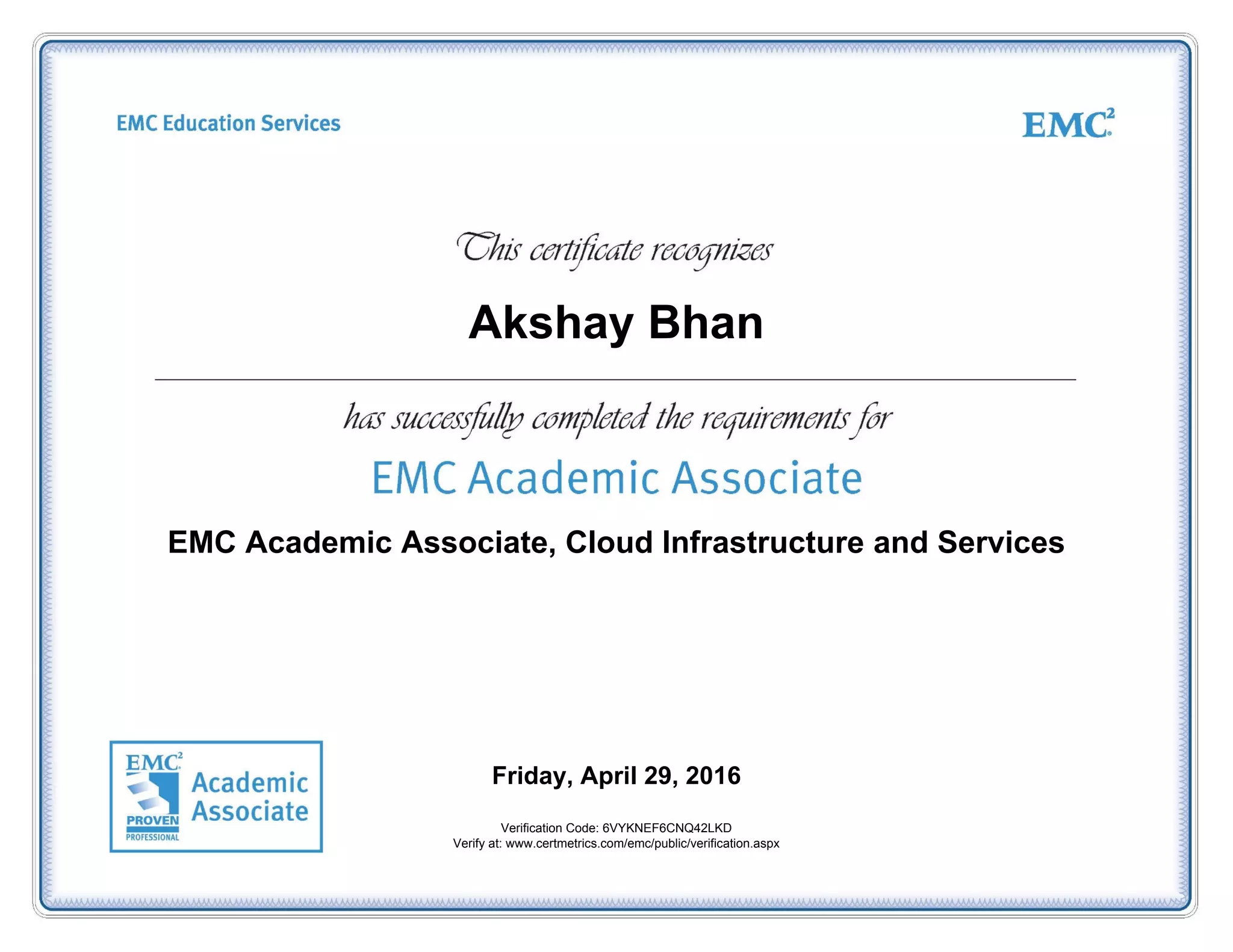 EMC Academic Associate, Cloud Infrastructure and Services certificate | PDF