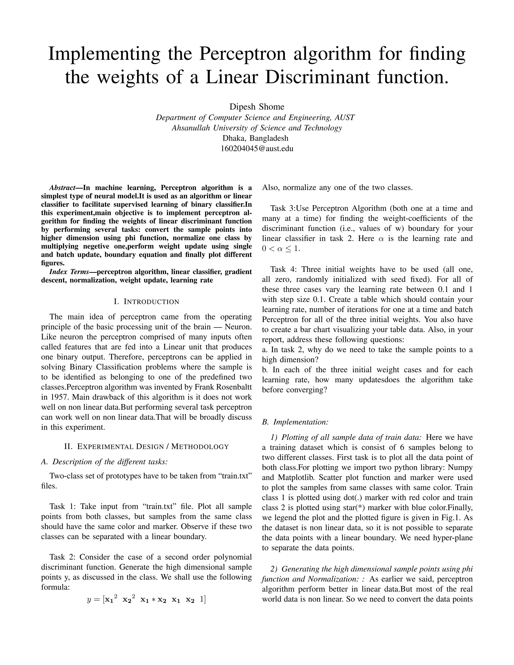 Implementing the Perceptron Algorithm for Finding the weights of a Linear Discriminant Function ...