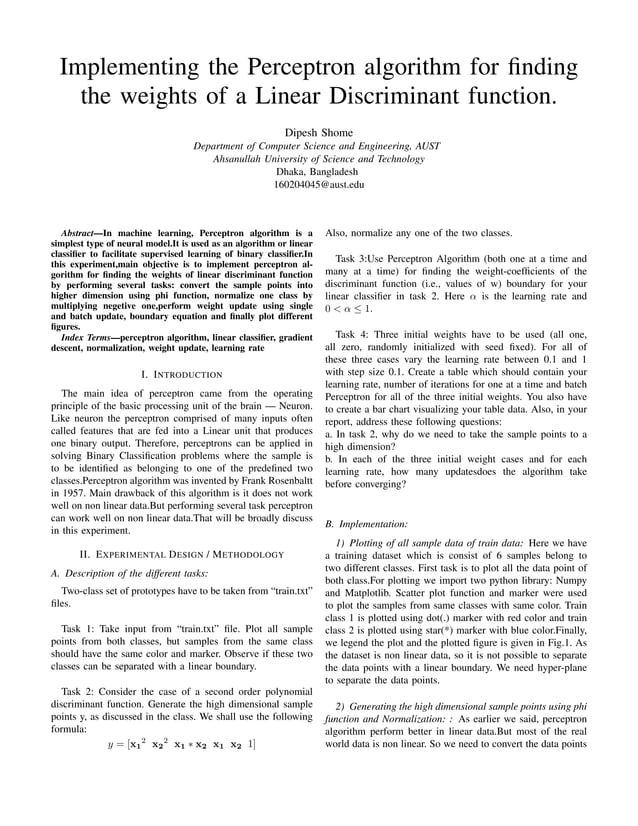 Implementing the Perceptron Algorithm for Finding the weights of a Linear Discriminant Function ...