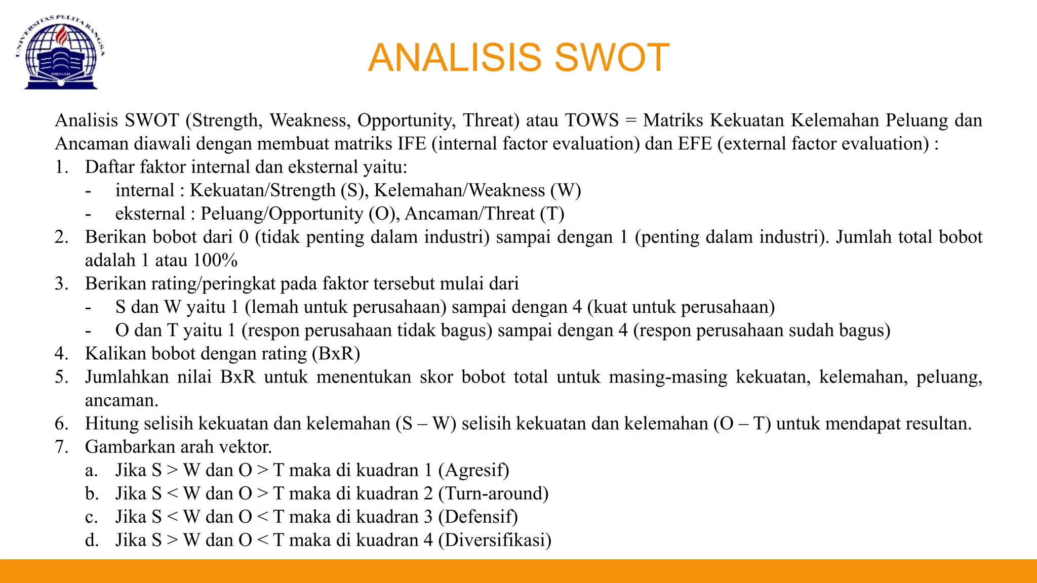 analisis SWOT manajemen strategik universitas pelita bangsa | PPTX