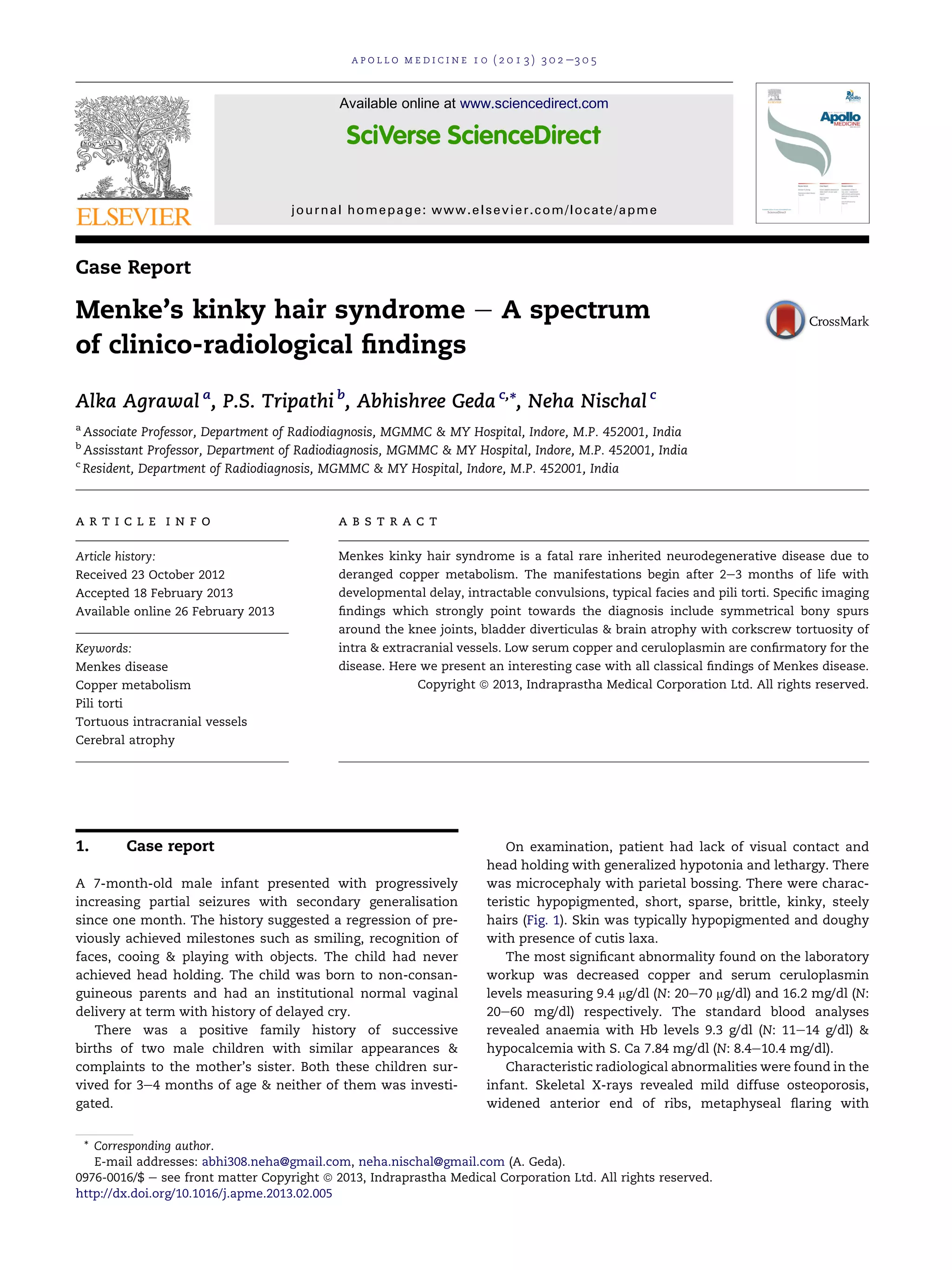Menke’s Kinky Hair Syndrome - A Spectrum of Clinico-Radiological ...