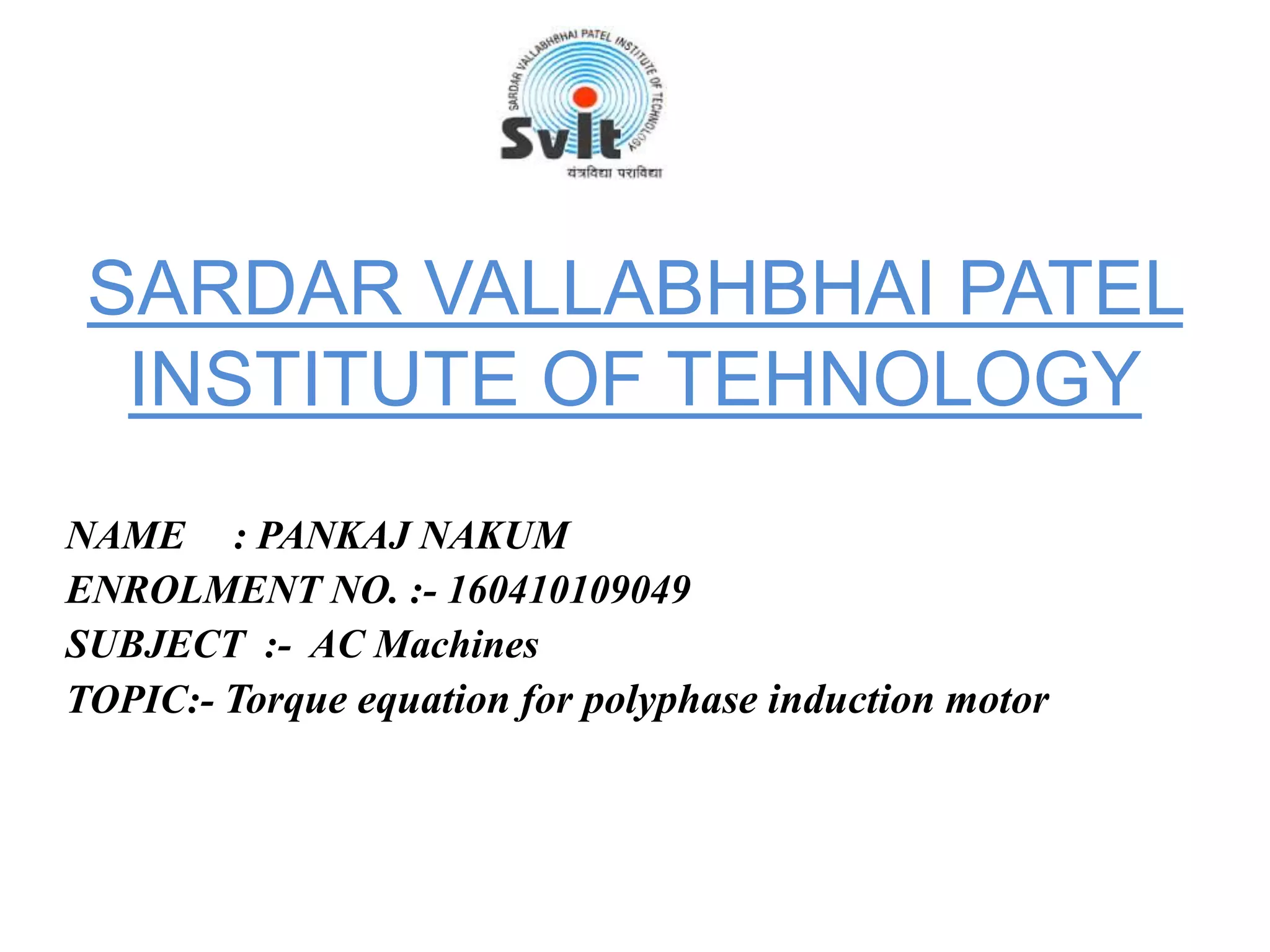 torque equation for polyphase induction motor | PPTX | Physics | Science