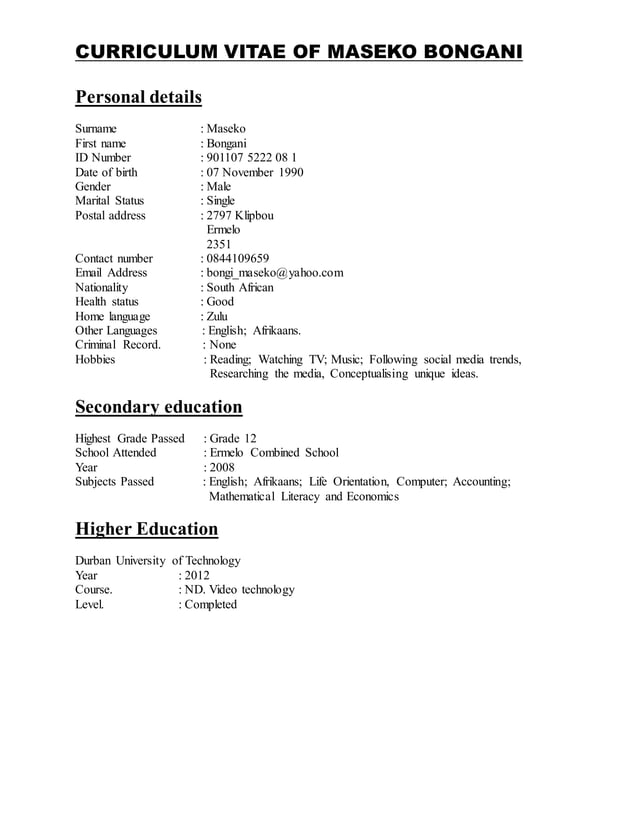 Bongani Maseko CV TV[1] | DOCX