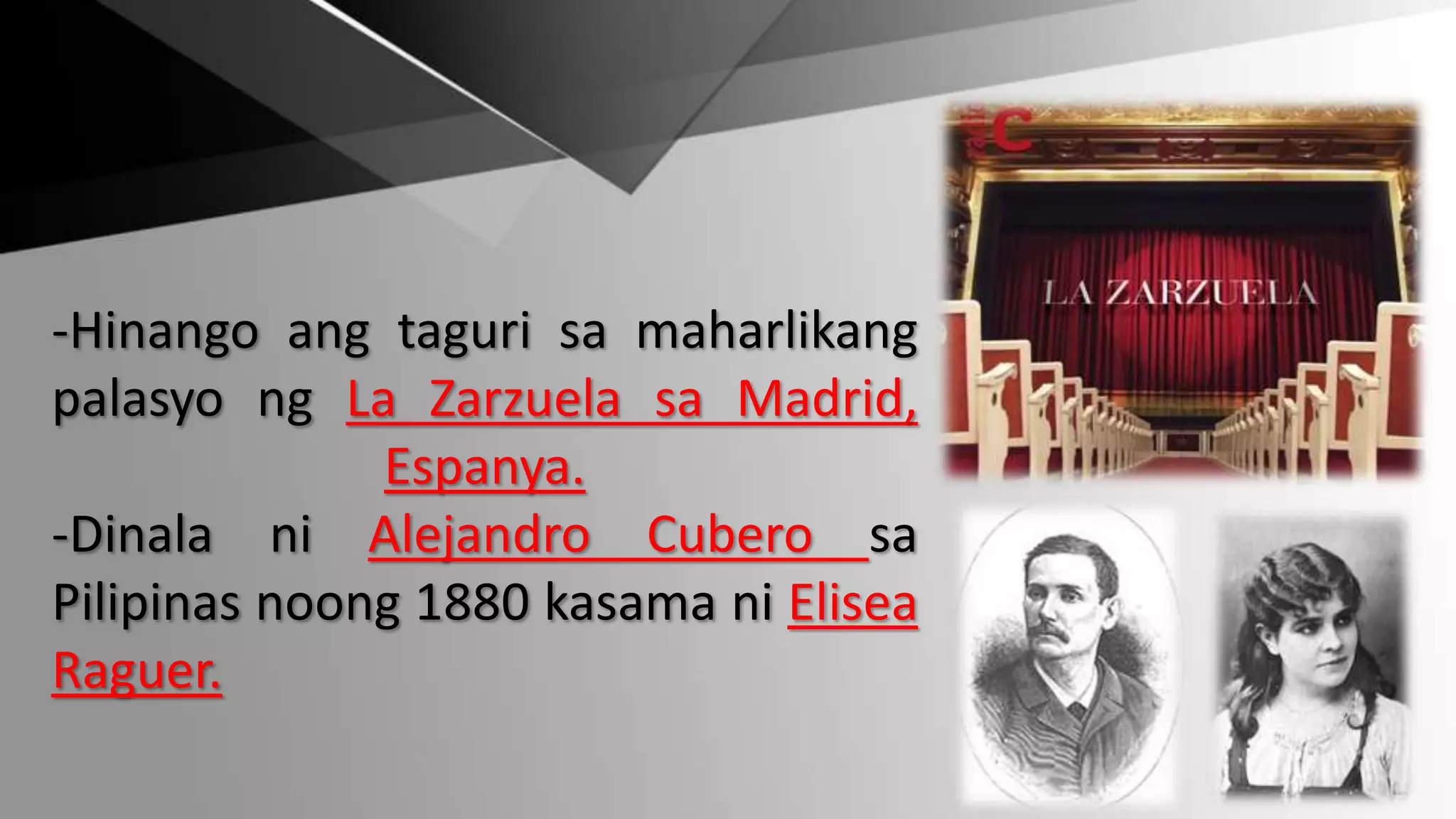 Sarsuwela: Kaligirang Pangkasaysayan, Elemento at Bahagi nito | PPTX