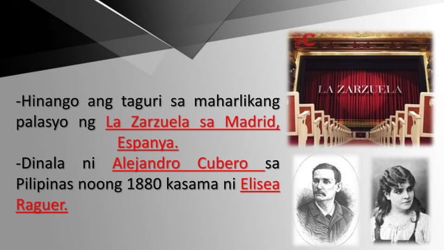 Sarsuwela: Kaligirang Pangkasaysayan, Elemento at Bahagi nito | PPTX