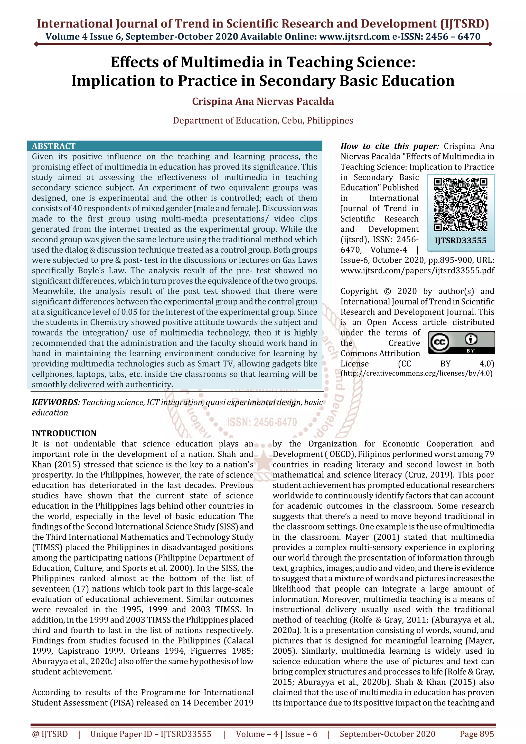 Effects of Multimedia in Teaching Science Implication to Practice in ...