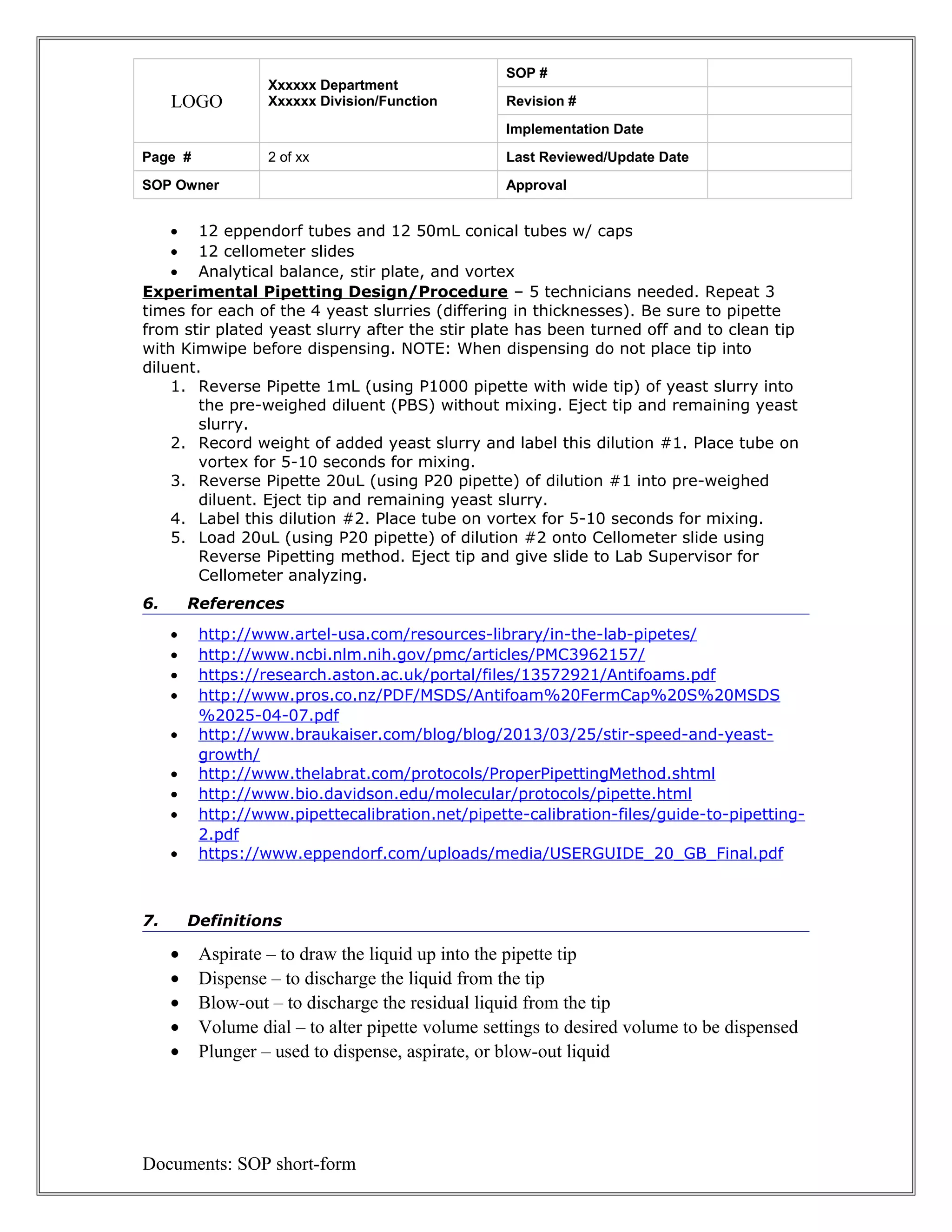 JBK Pipetting SOP and Procedure | DOC | Science