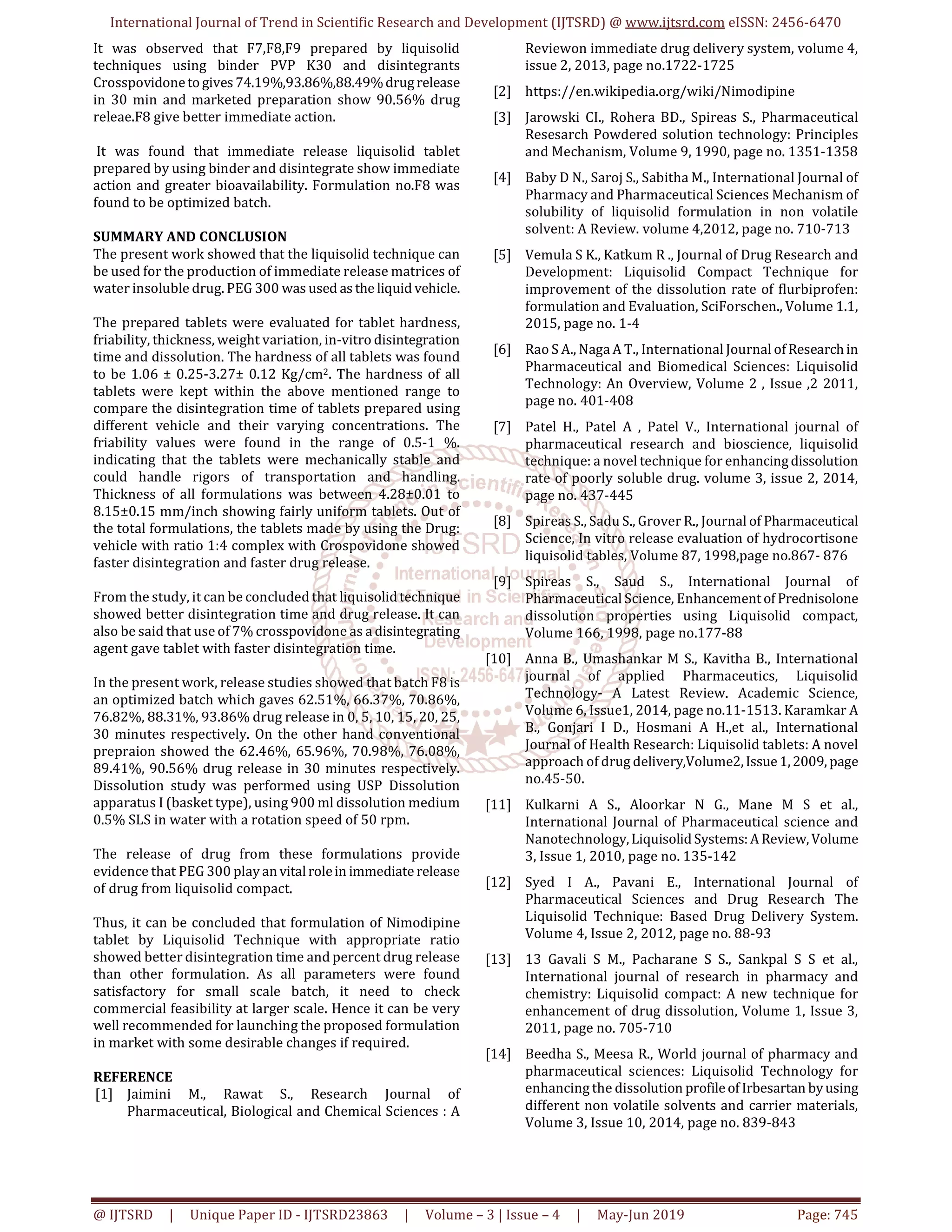 Formulation and Evaluation of Nimodipine Tablet by Liquisolid Technique | PDF