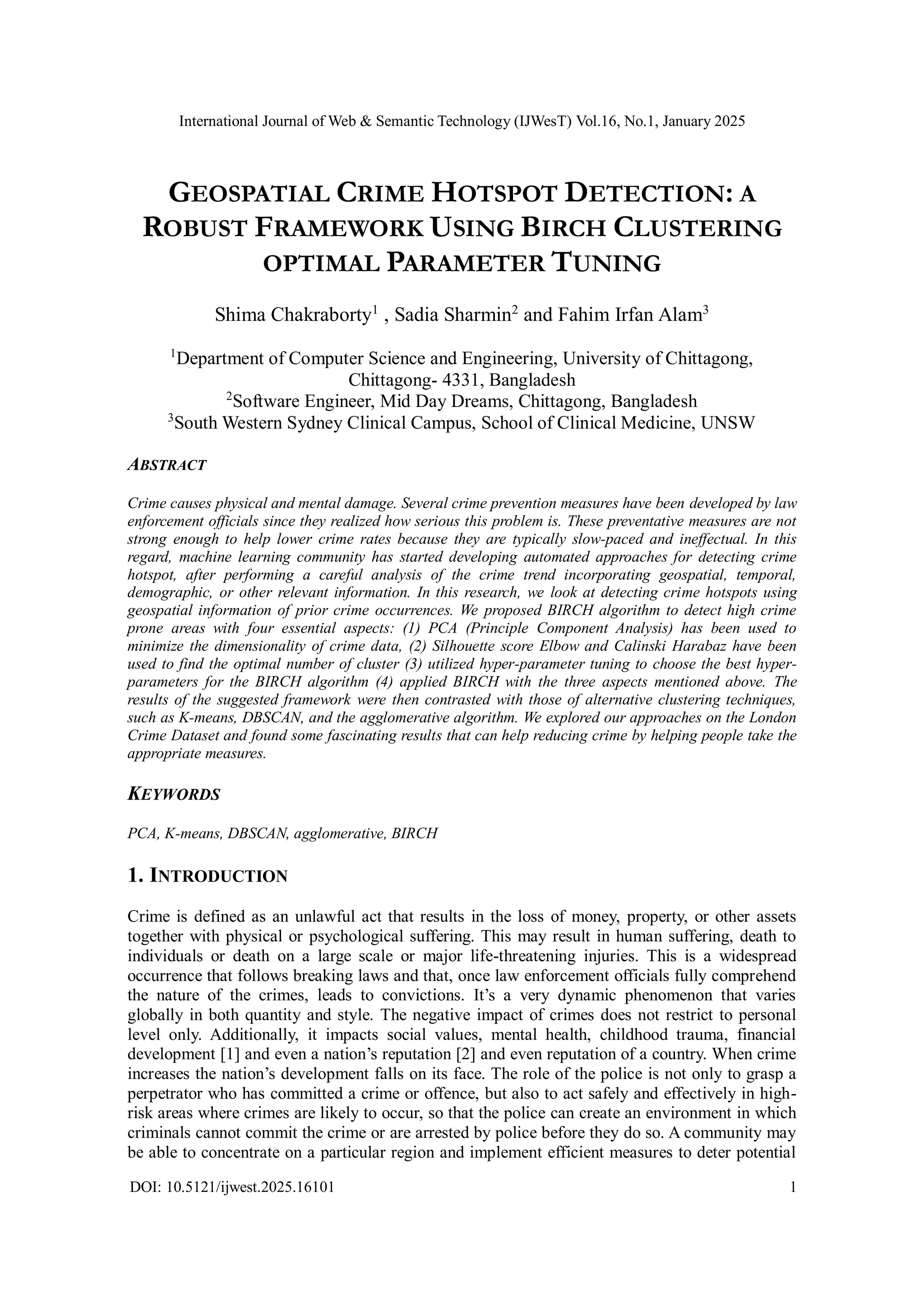 GEOSPATIAL CRIME HOTSPOT DETECTION: A ROBUST FRAMEWORK USING BIRCH CLUSTERING OPTIMAL PARAMETER ...