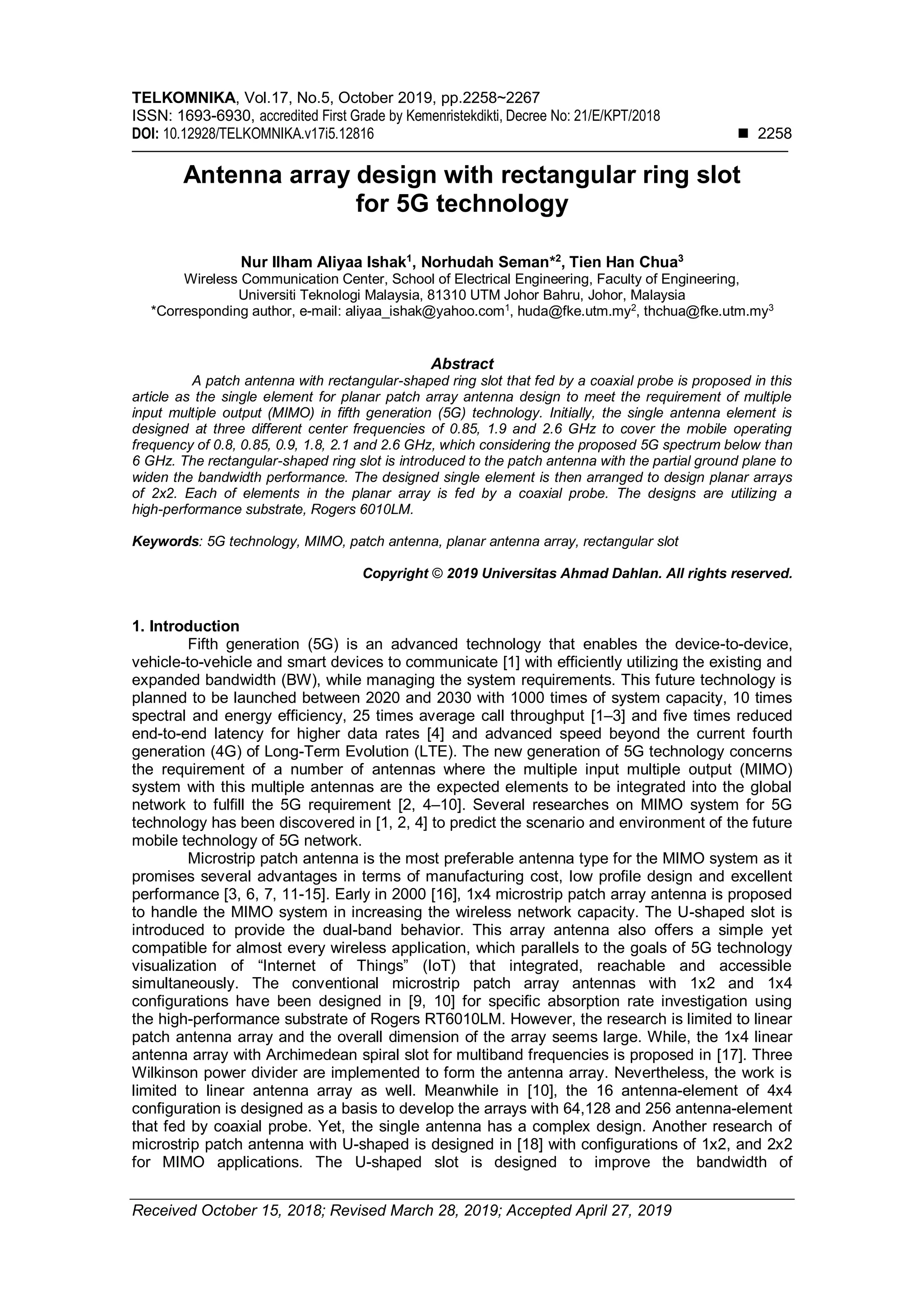 Antenna array design with rectangular ring slot for 5G technology | PDF