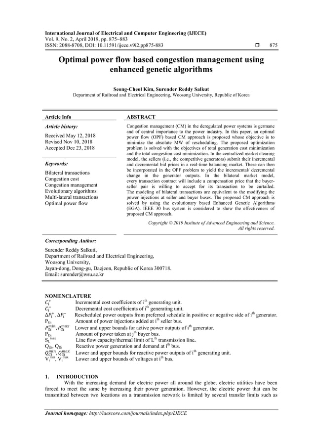 Optimal power flow based congestion management using enhanced genetic algorithms | PDF