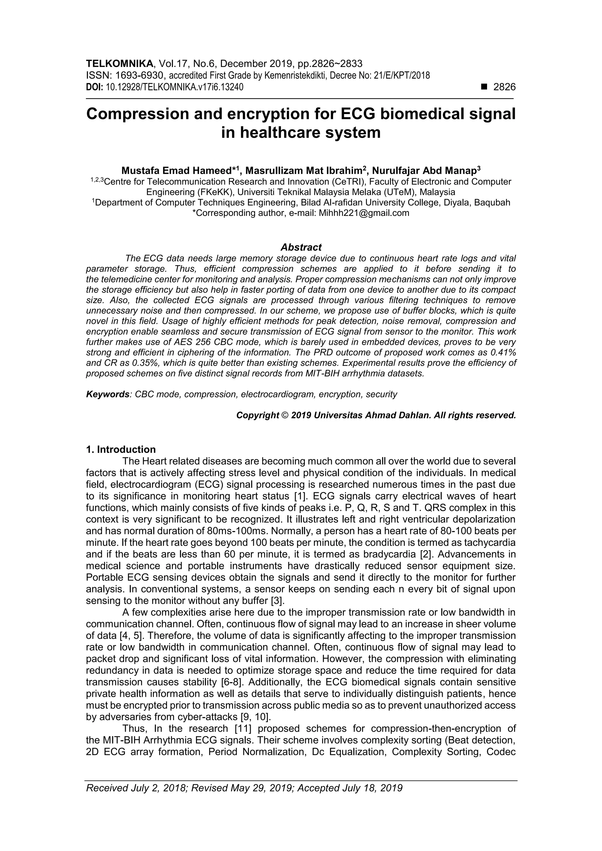 Compression and encryption for ECG biomedical signal in healthcare system | PDF | Heart and ...