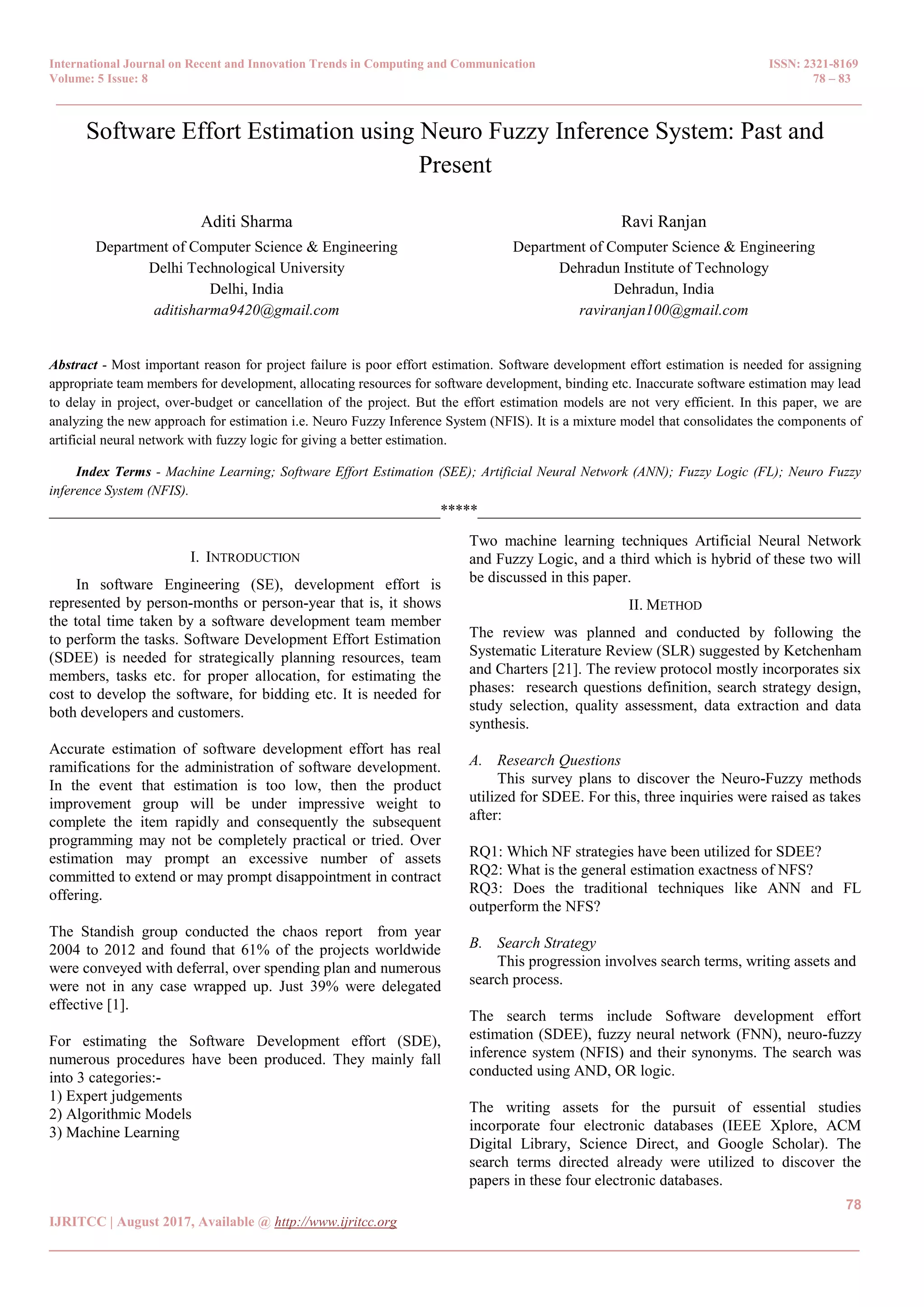 Software Effort Estimation using Neuro Fuzzy Inference System: Past and Present | PDF