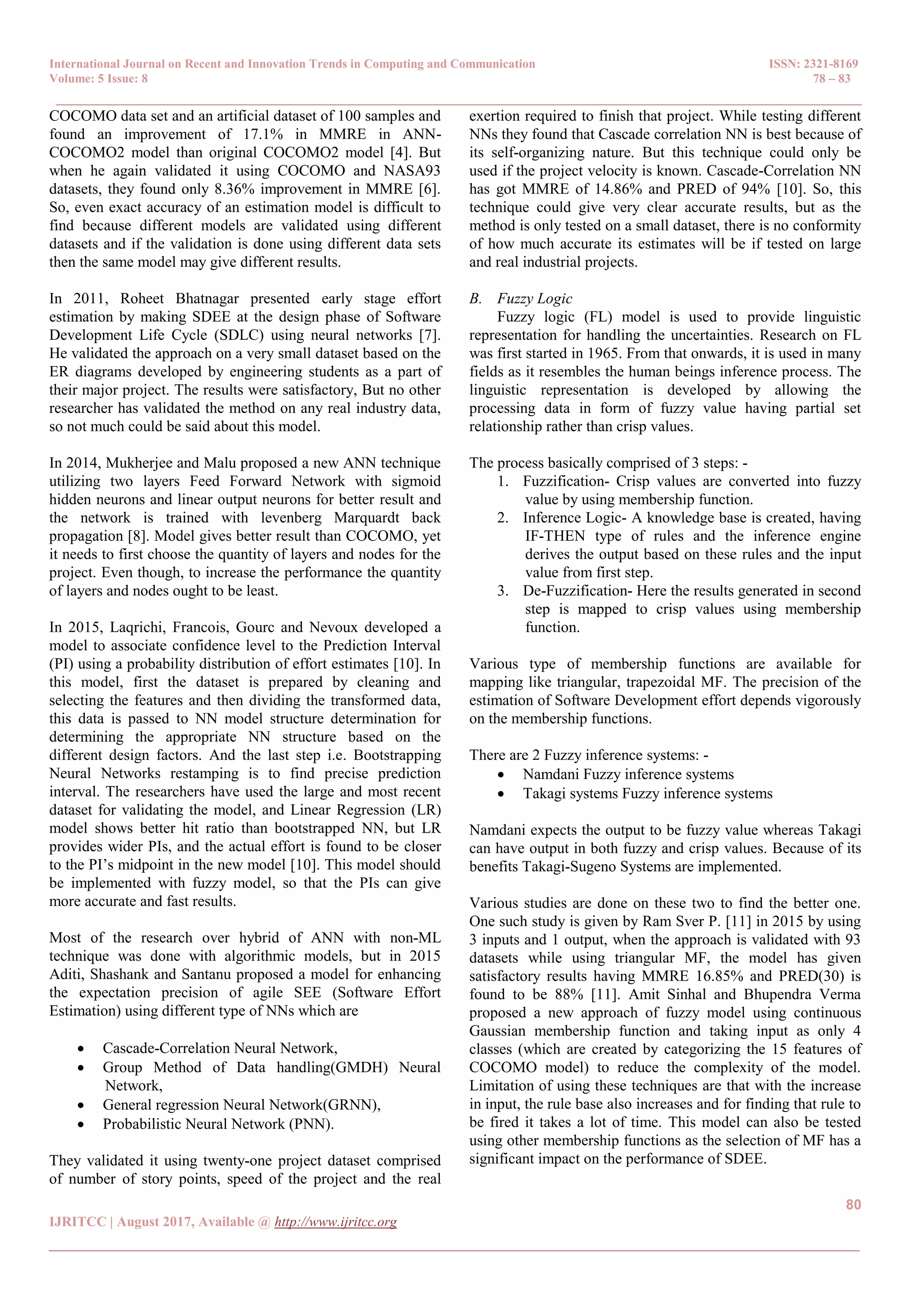 Software Effort Estimation Using Neuro Fuzzy Inference System Past And Present Pdf