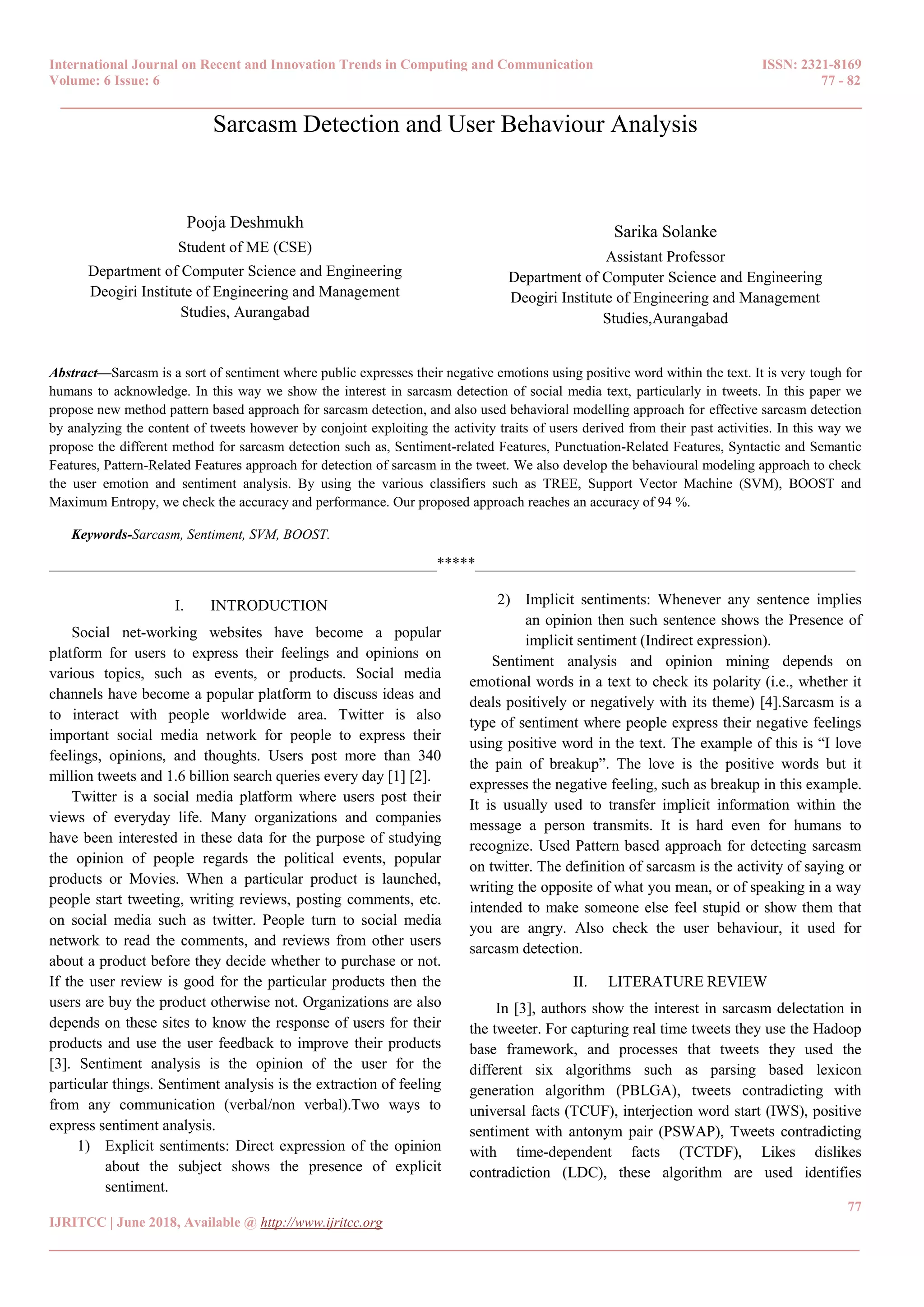 Sarcasm Detection And User Behaviour Analysis Pdf