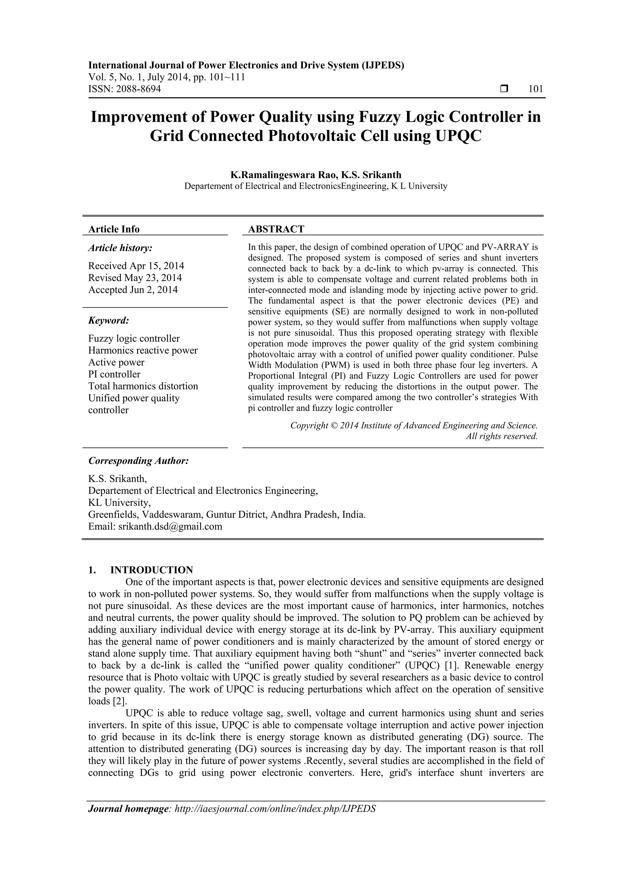 Improvement of Power Quality using Fuzzy Logic Controller in Grid Connected Photovoltaic Cell ...