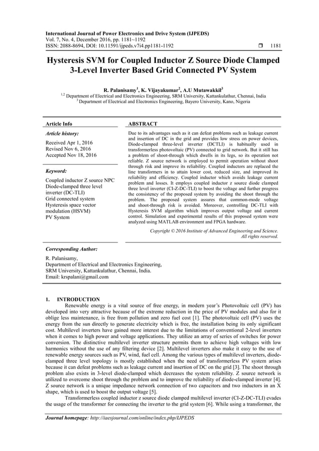 Hysteresis SVM for Coupled Inductor Z Source Diode Clamped 3-Level Inverter Based Grid Connected ...