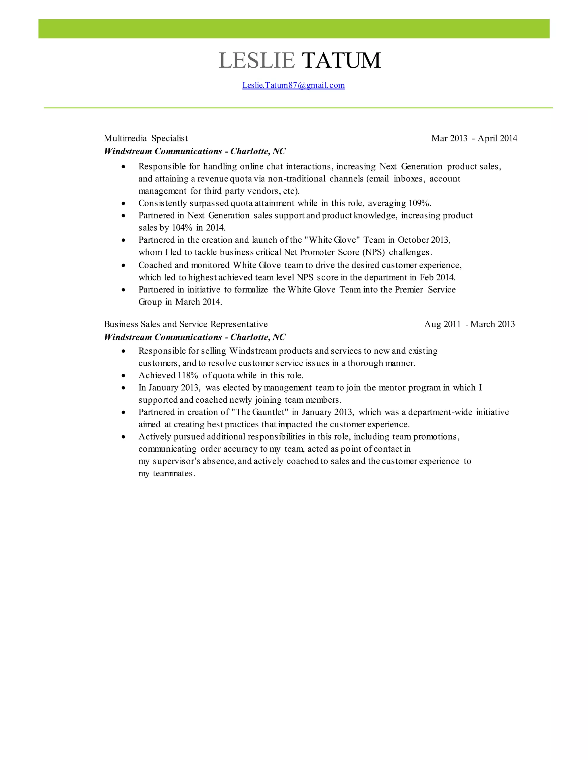 LESLIE TATUM Resume 2014 | DOCX | Business Administration | Business