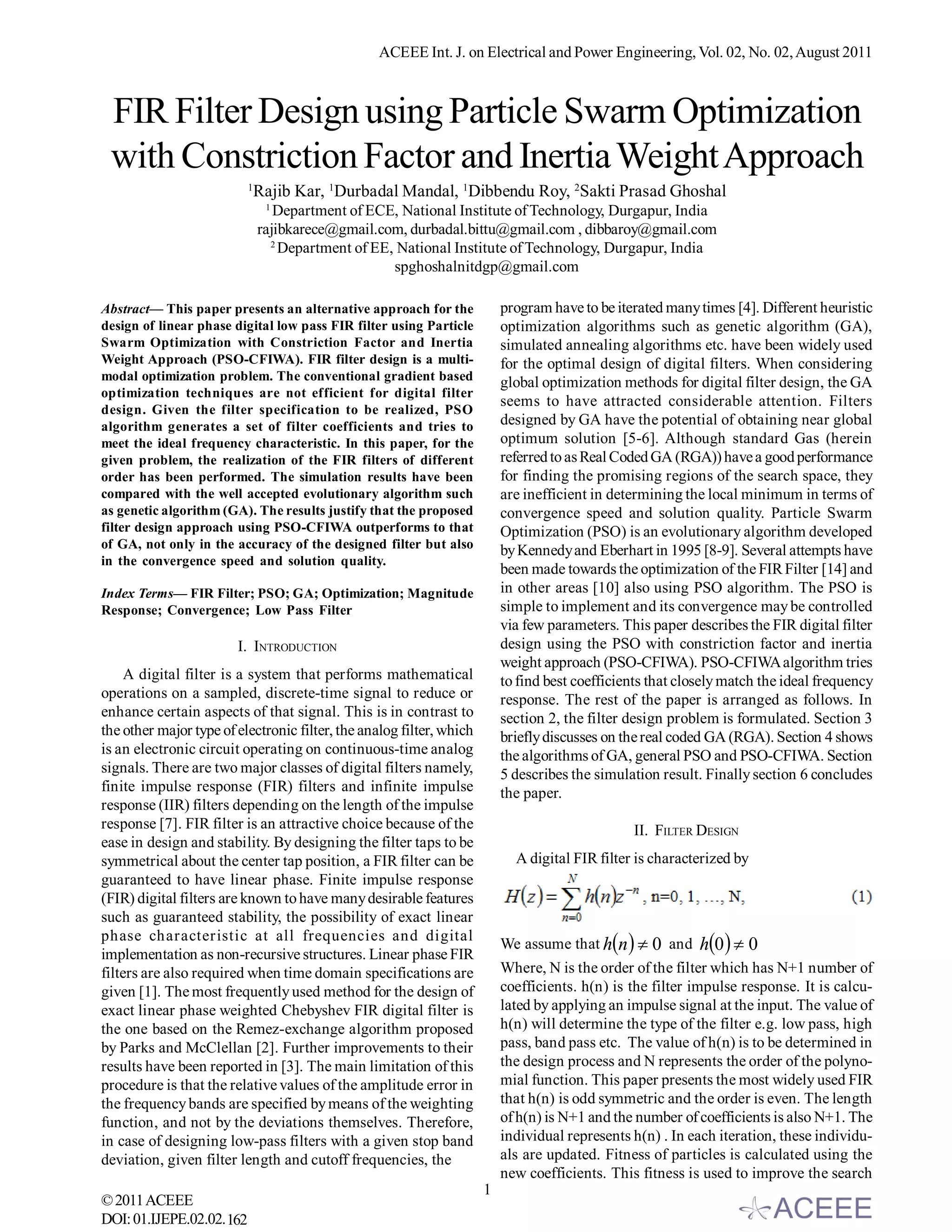 FIR Filter Design using Particle Swarm Optimization with Constriction Factor and Inertia Weight ...