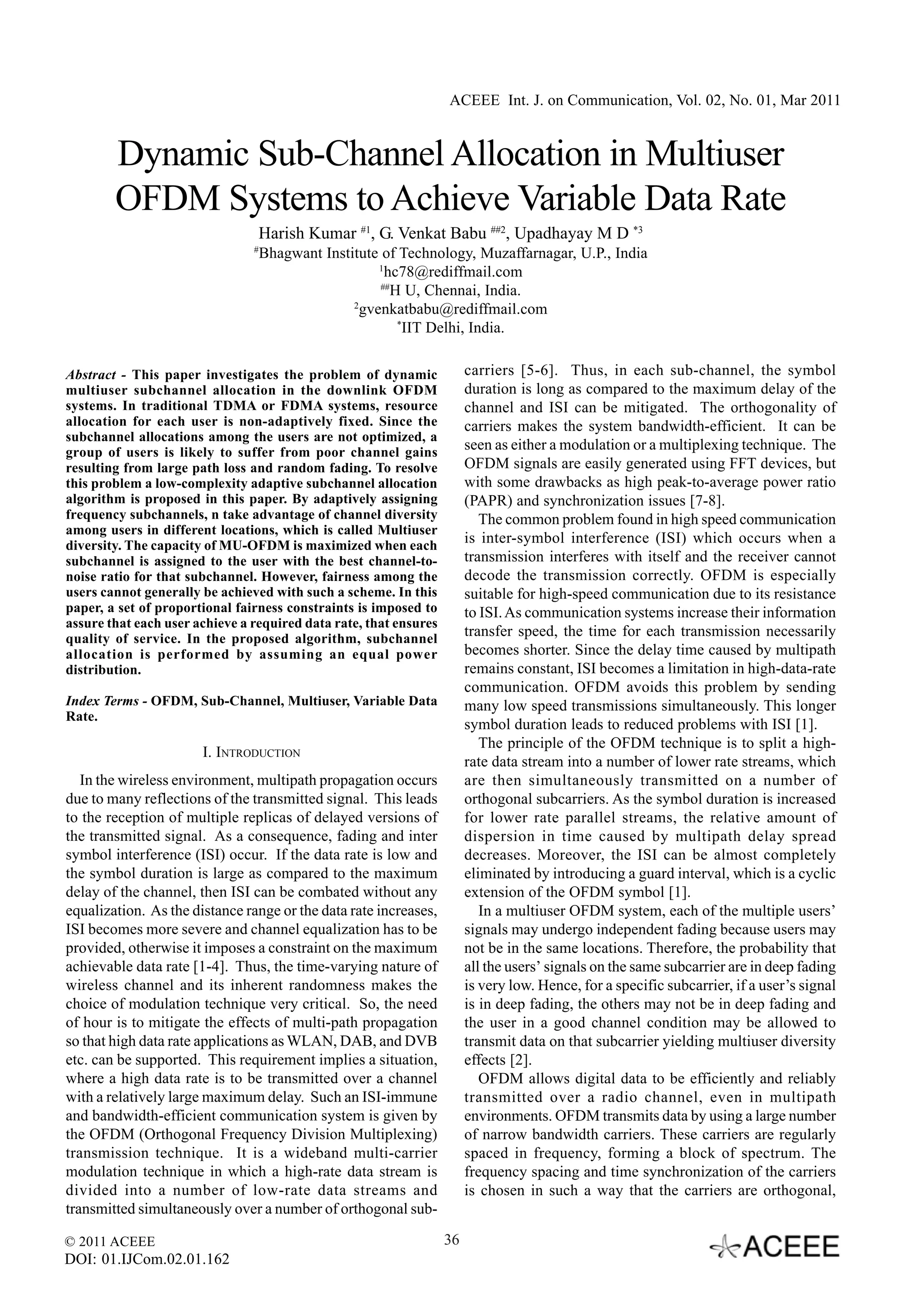 Dynamic Sub-Channel Allocation in Multiuser OFDM Systems to Achieve Variable Data Rate | PDF