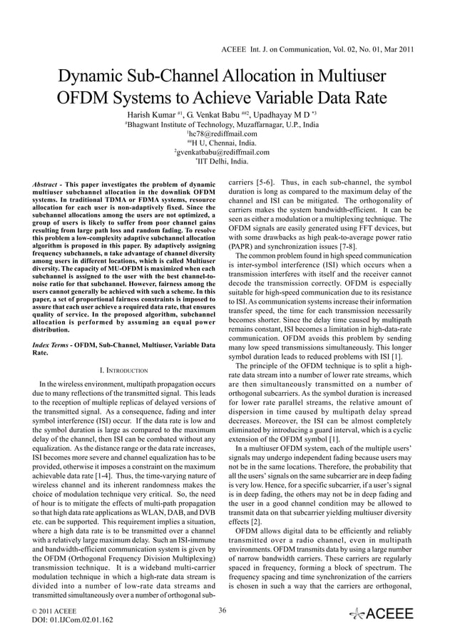 Dynamic Sub-Channel Allocation in Multiuser OFDM Systems to Achieve Variable Data Rate | PDF