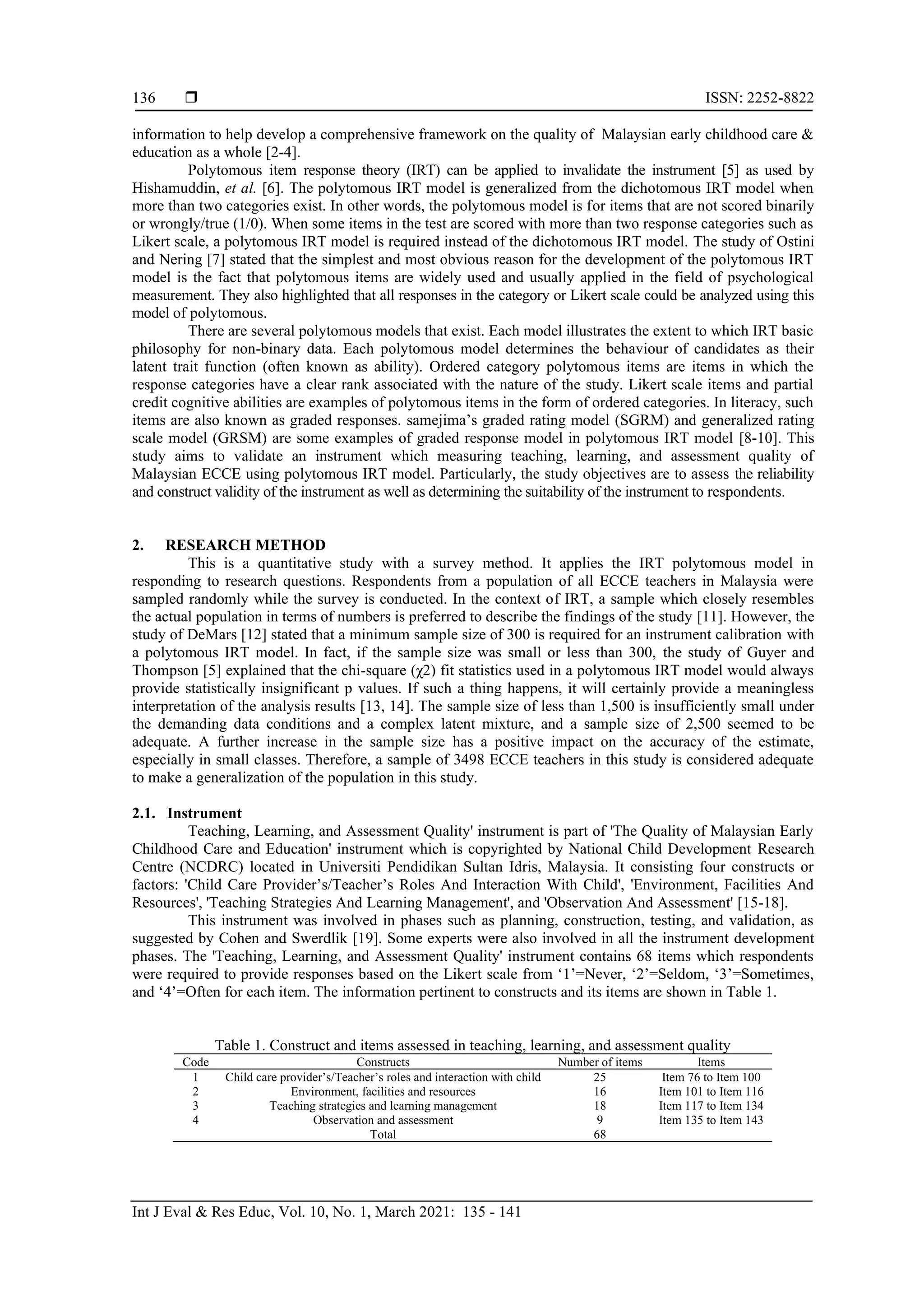 Validating the 'teaching, learning, and assessment quality of Malaysian ...
