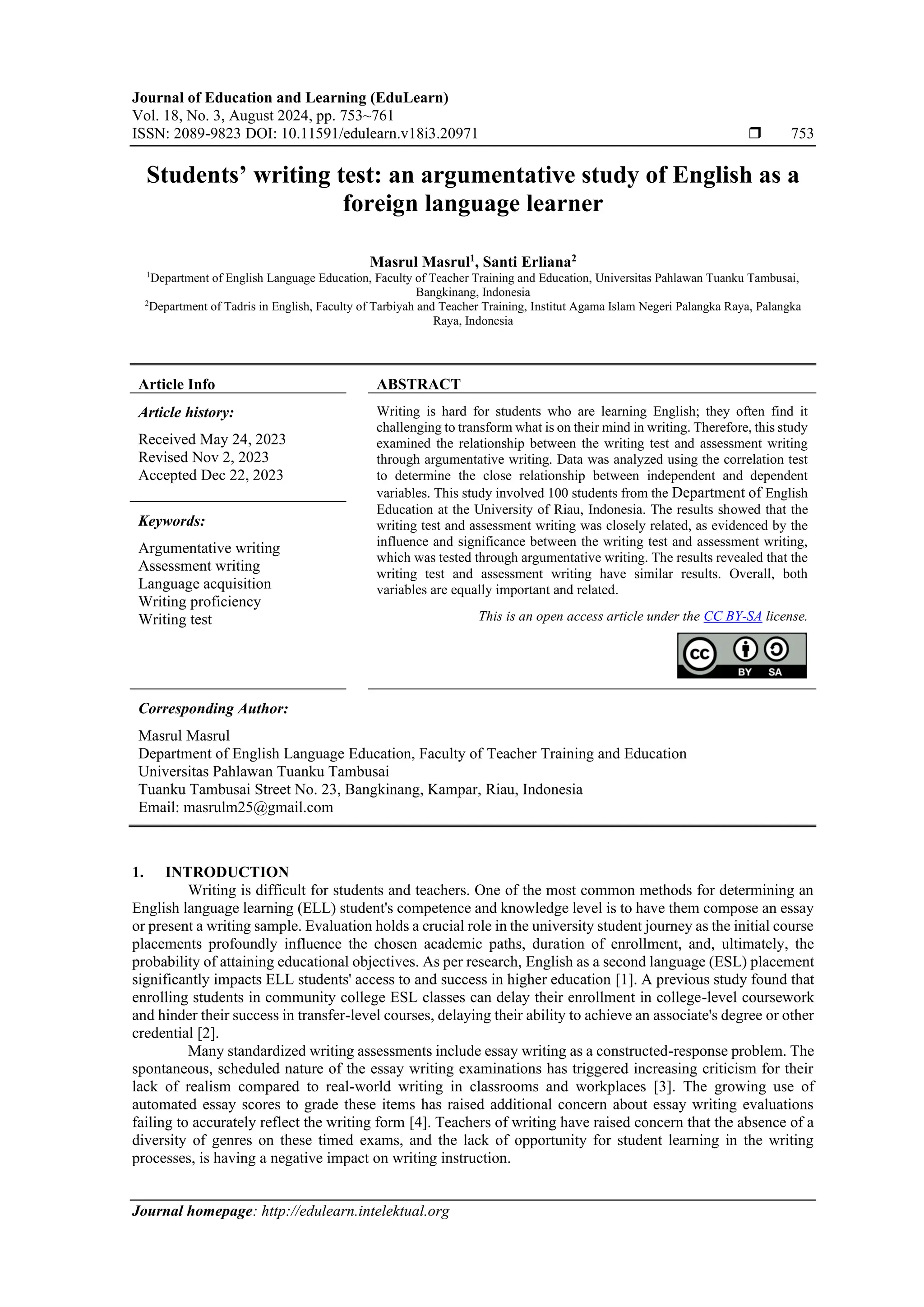 Students’ writing test: an argumentative study of English as a foreign ...
