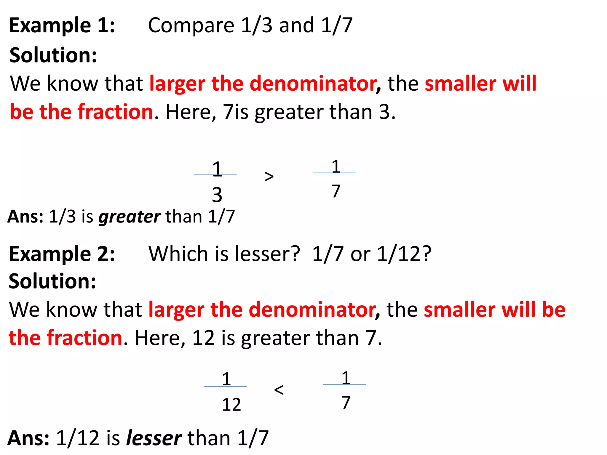 Comparing and Ordering Unit Fractions | PPT