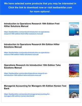 Introduction to Operations Research 10th Edition Fred Hillier Test Bank ...