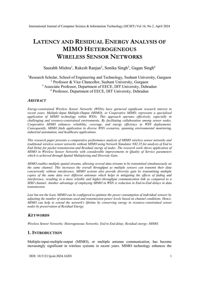 Latency and Residual Energy Analysis of MIMO Heterogeneous Wireless Sensor Networks | PDF