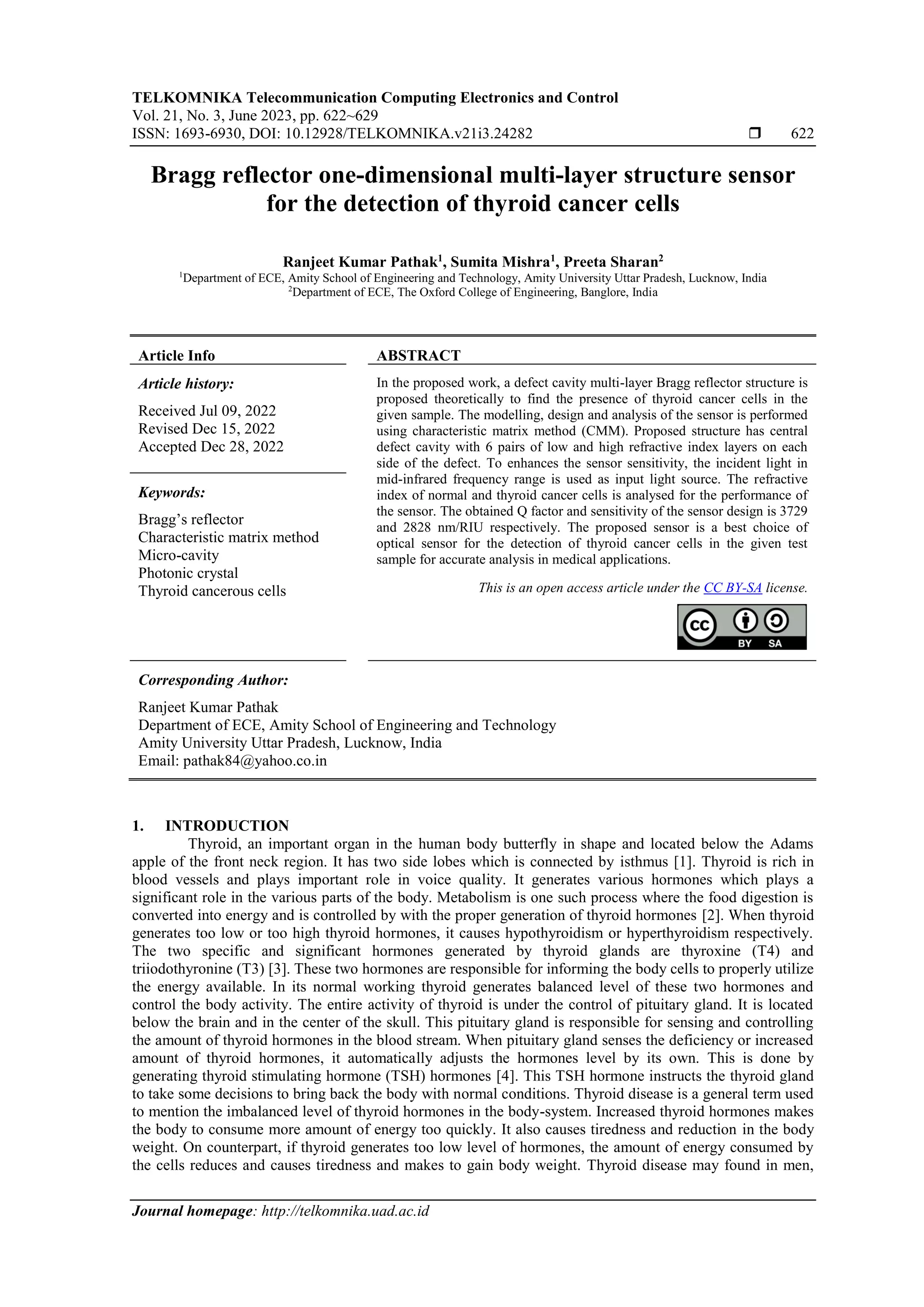 Bragg reflector one-dimensional multi-layer structure sensor for the detection of thyroid cancer ...