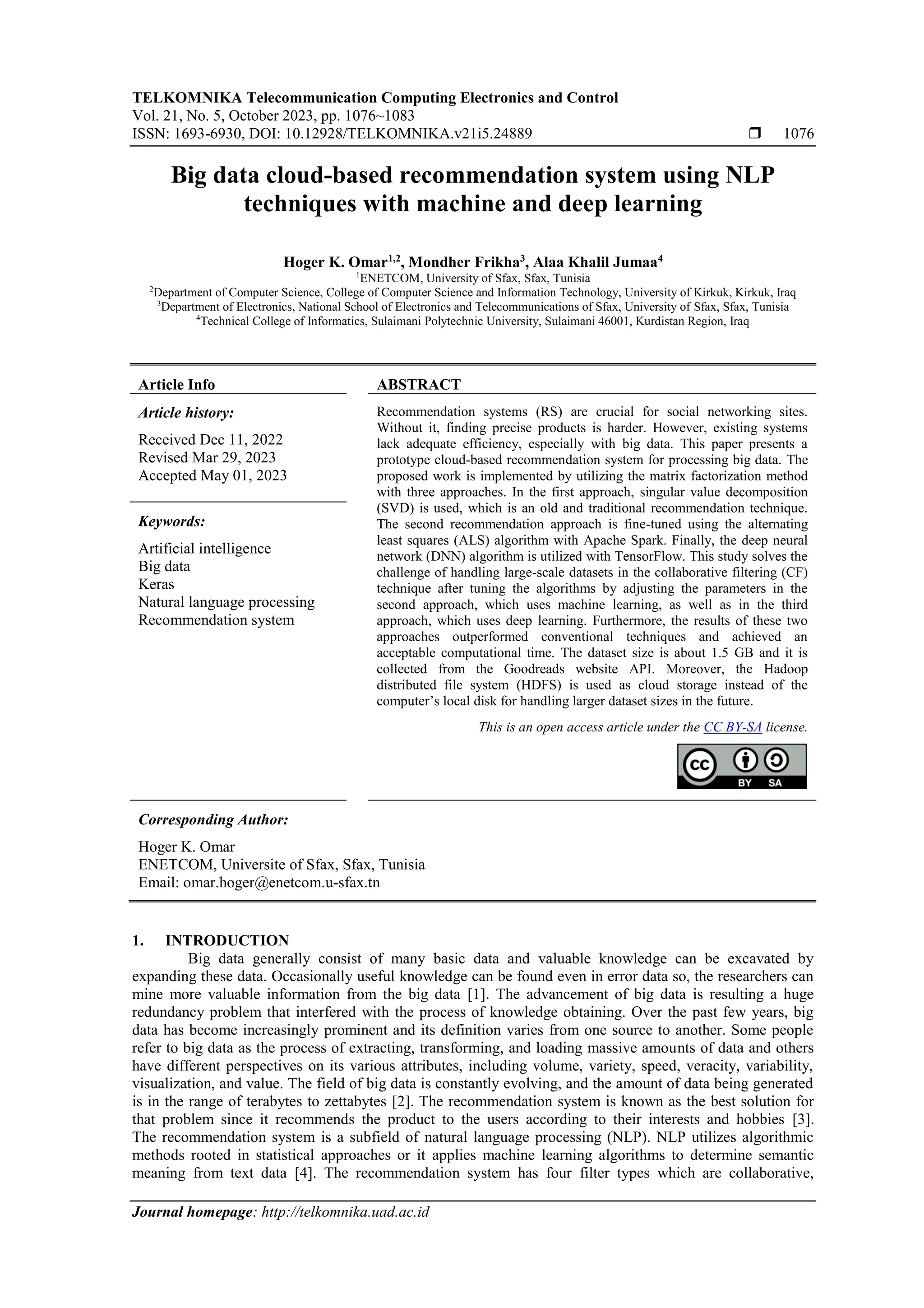 Big data cloud-based recommendation system using NLP techniques with machine and deep learning ...