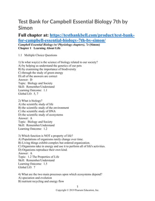 Test Bank for Campbell Essential Biology 7th by Simon | PDF