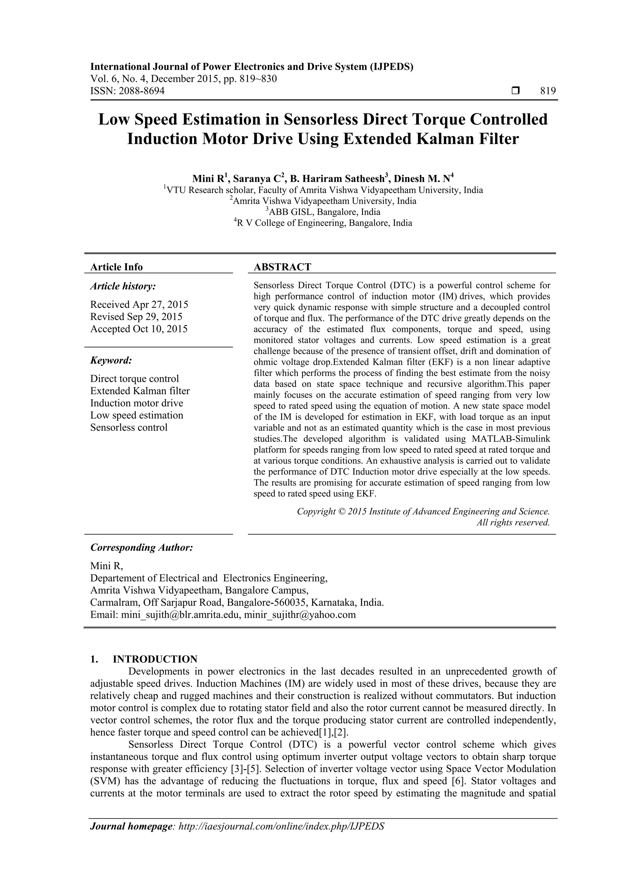 Low Speed Estimation In Sensorless Direct Torque Controlled Induction Motor Drive Using Extended