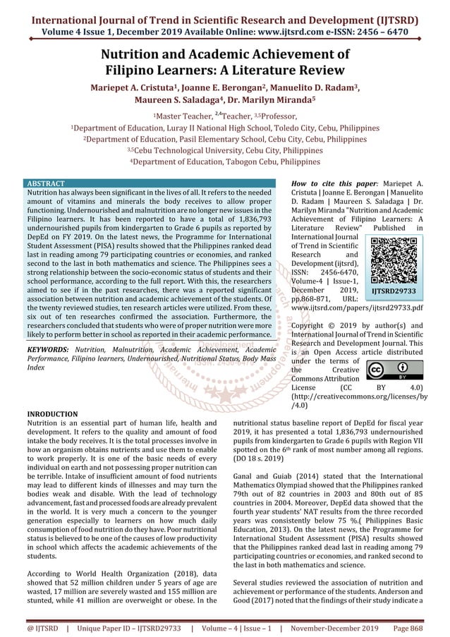 Nutrition and Academic Achievement of Filipino Learners: A Literature ...