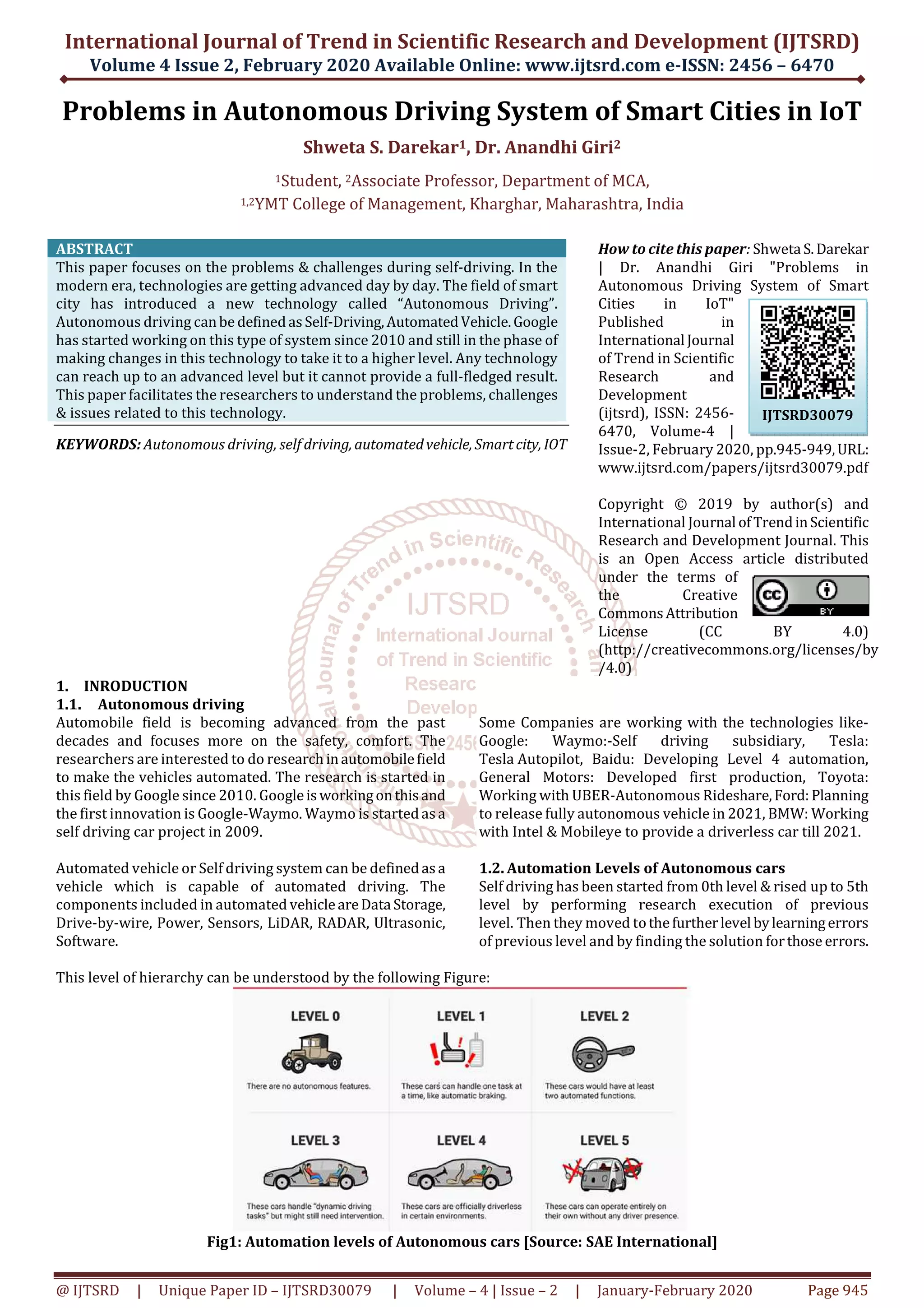 Problems in Autonomous Driving System of Smart Cities in IoT | PDF