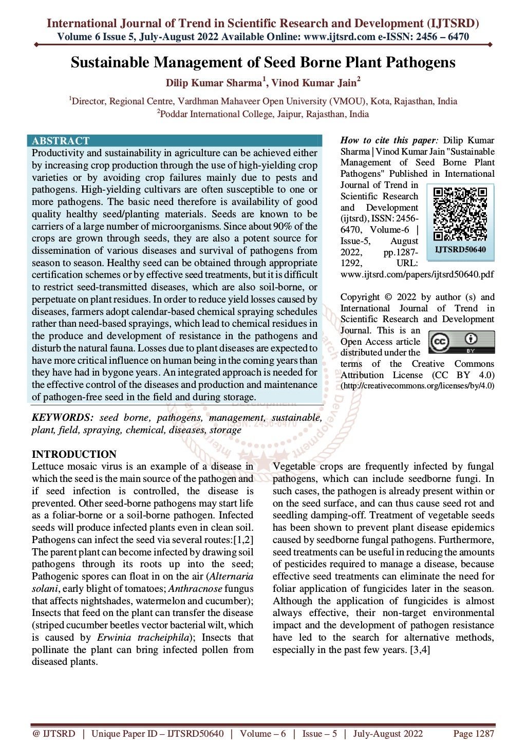 Sustainable Management of Seed Borne Plant Pathogens | PDF