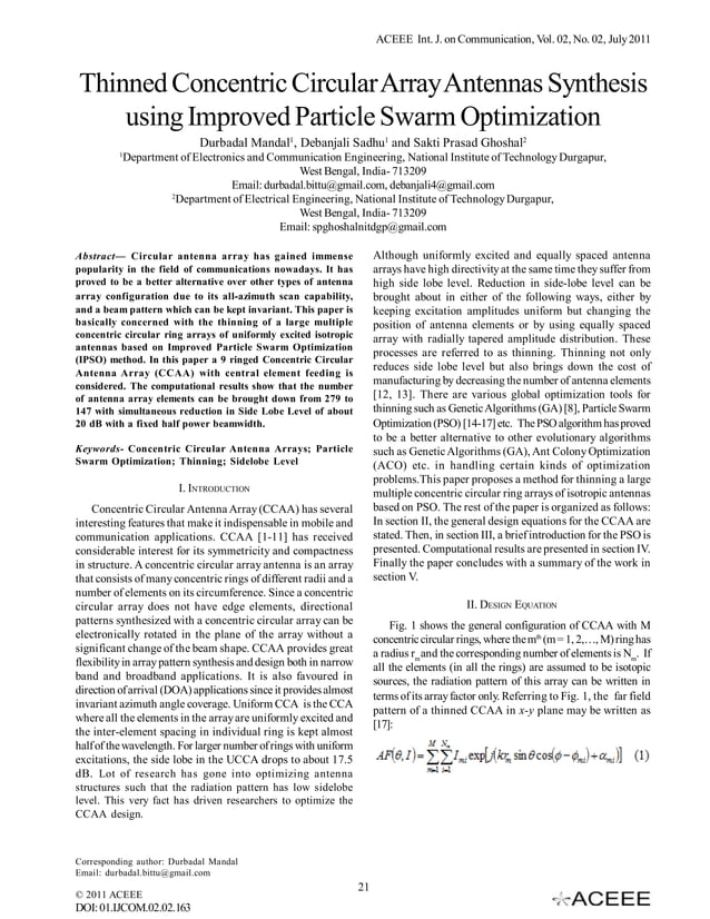 Thinned Concentric Circular Array Antennas Synthesis using Improved Particle Swarm Optimization ...