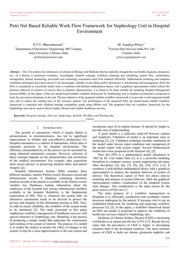 Petri Net Based Reliable Work Flow Framework for Nephrology Unit in Hospital Environment | PDF