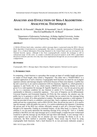 Analysis and Evolution of SHA-1 Algorithm - Analytical Technique | PDF
