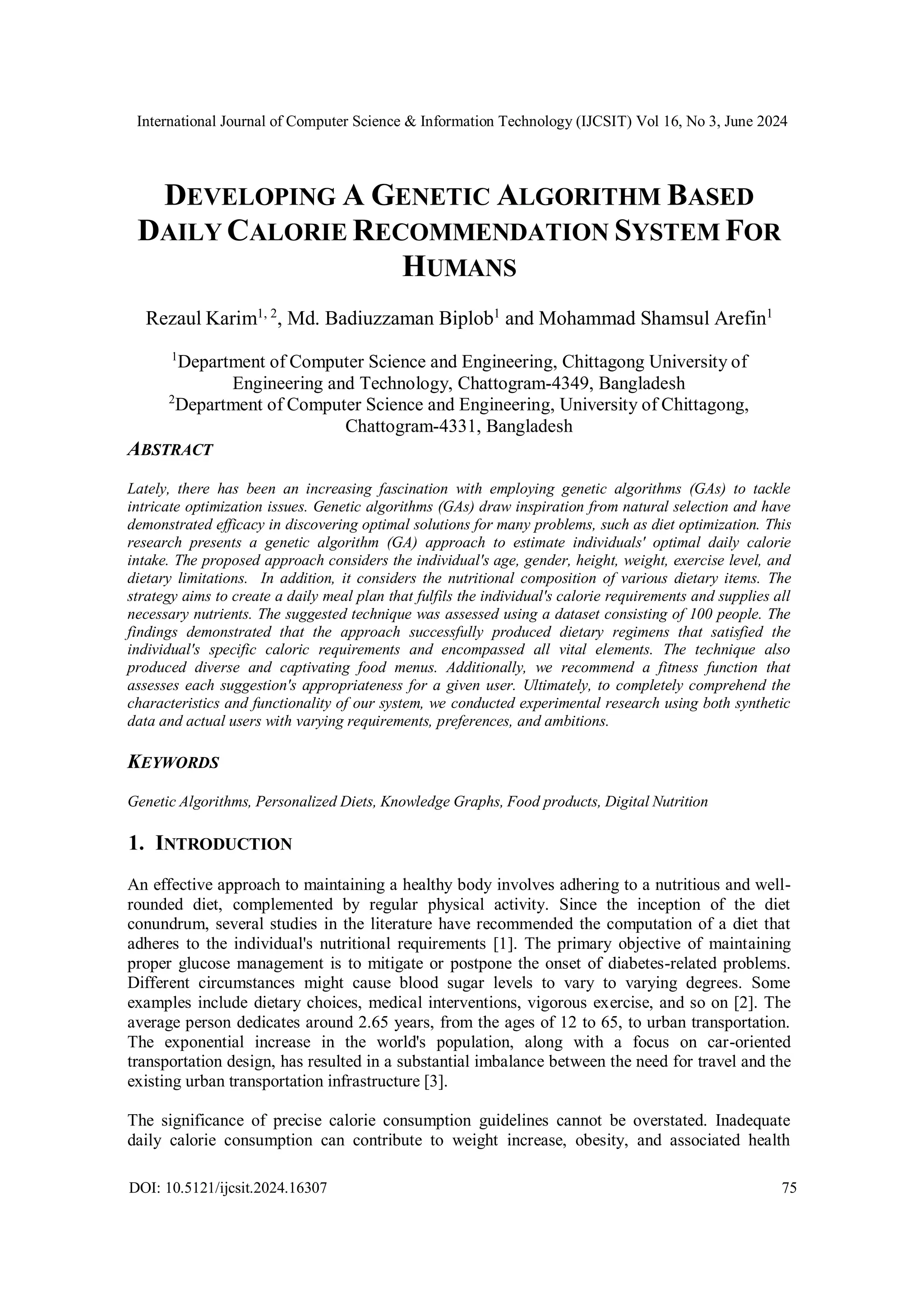 Developing a Genetic Algorithm Based Daily Calorie Recommendation ...