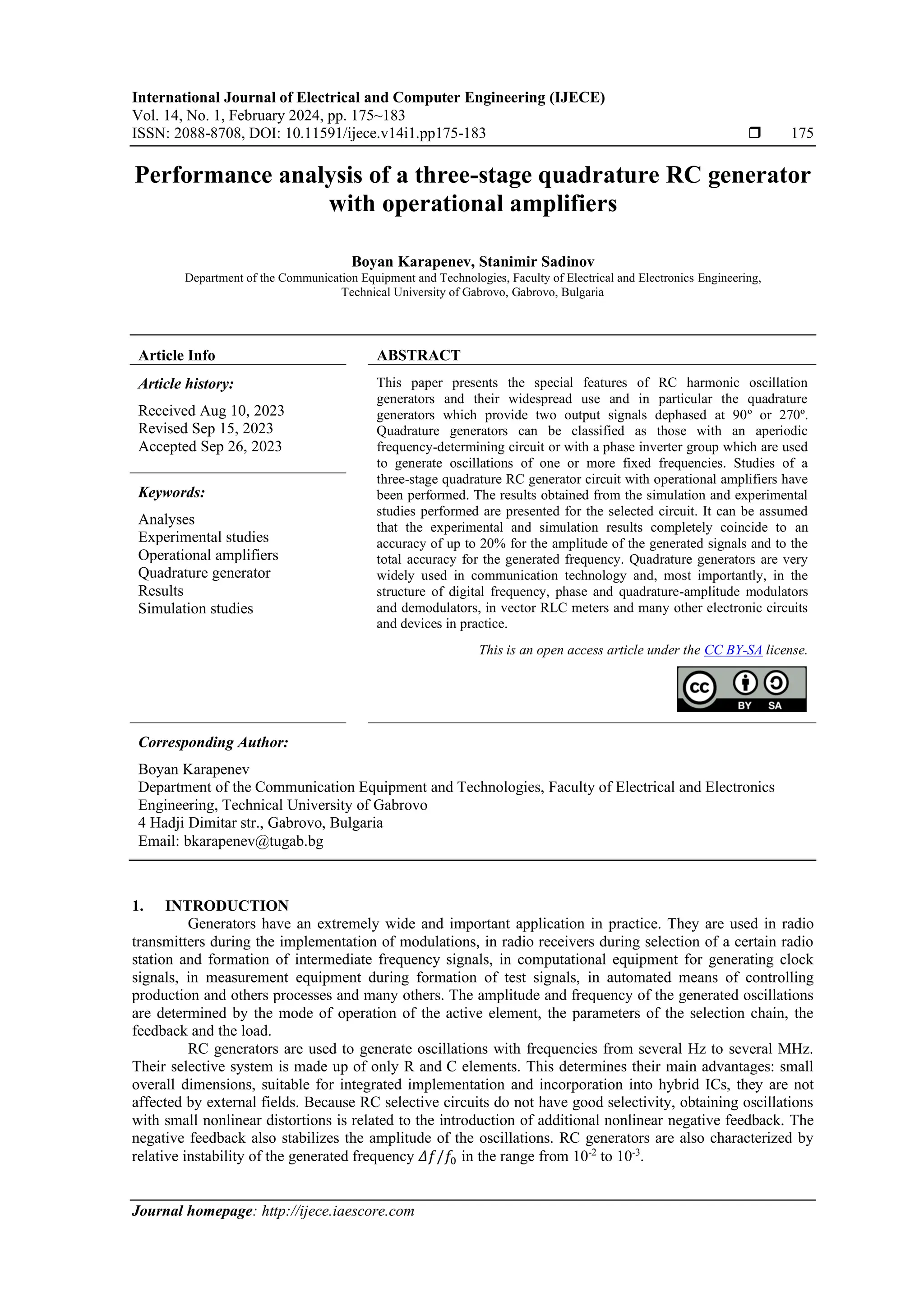 Performance analysis of a three-stage quadrature RC generator with operational amplifiers | PDF