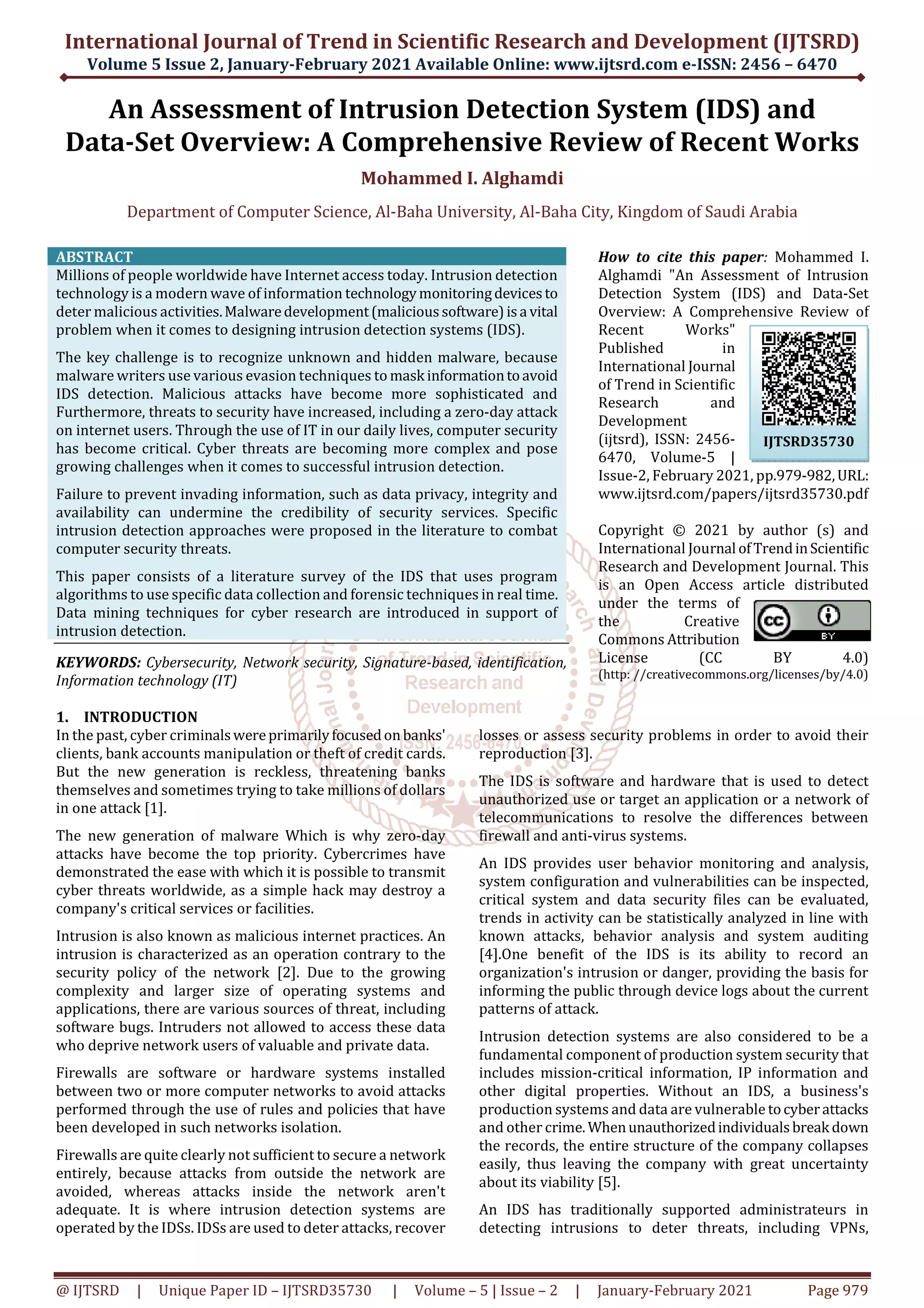 An Assessment of Intrusion Detection System IDS and Data Set Overview A Comprehensive Review of ...