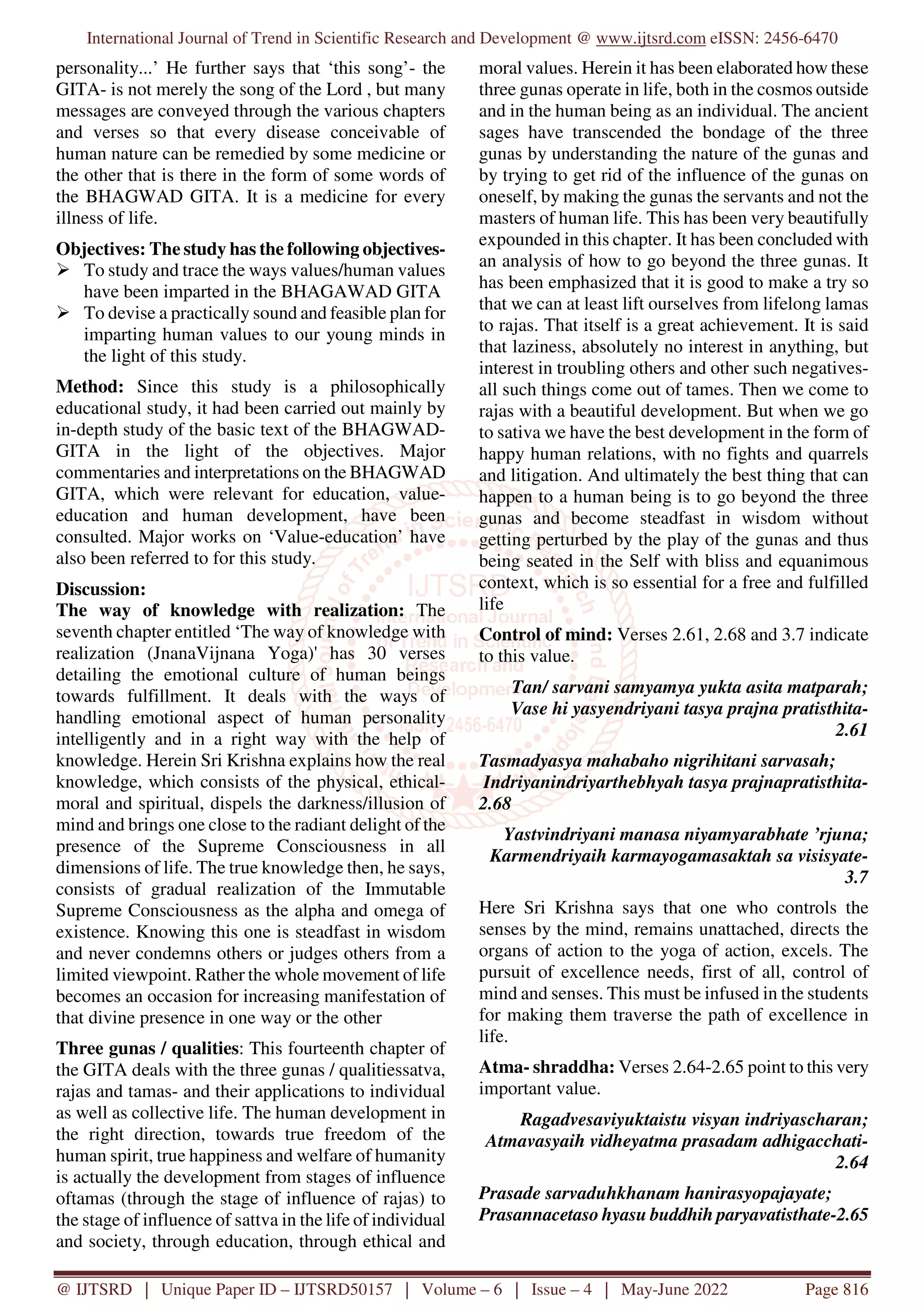 An Overview of the Value Education in the Perspective of Bhagavad Gita ...