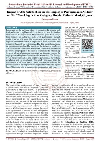 Impact of Job Satisfaction on the Employee Performance A Study on Staff Working in Star Category ...